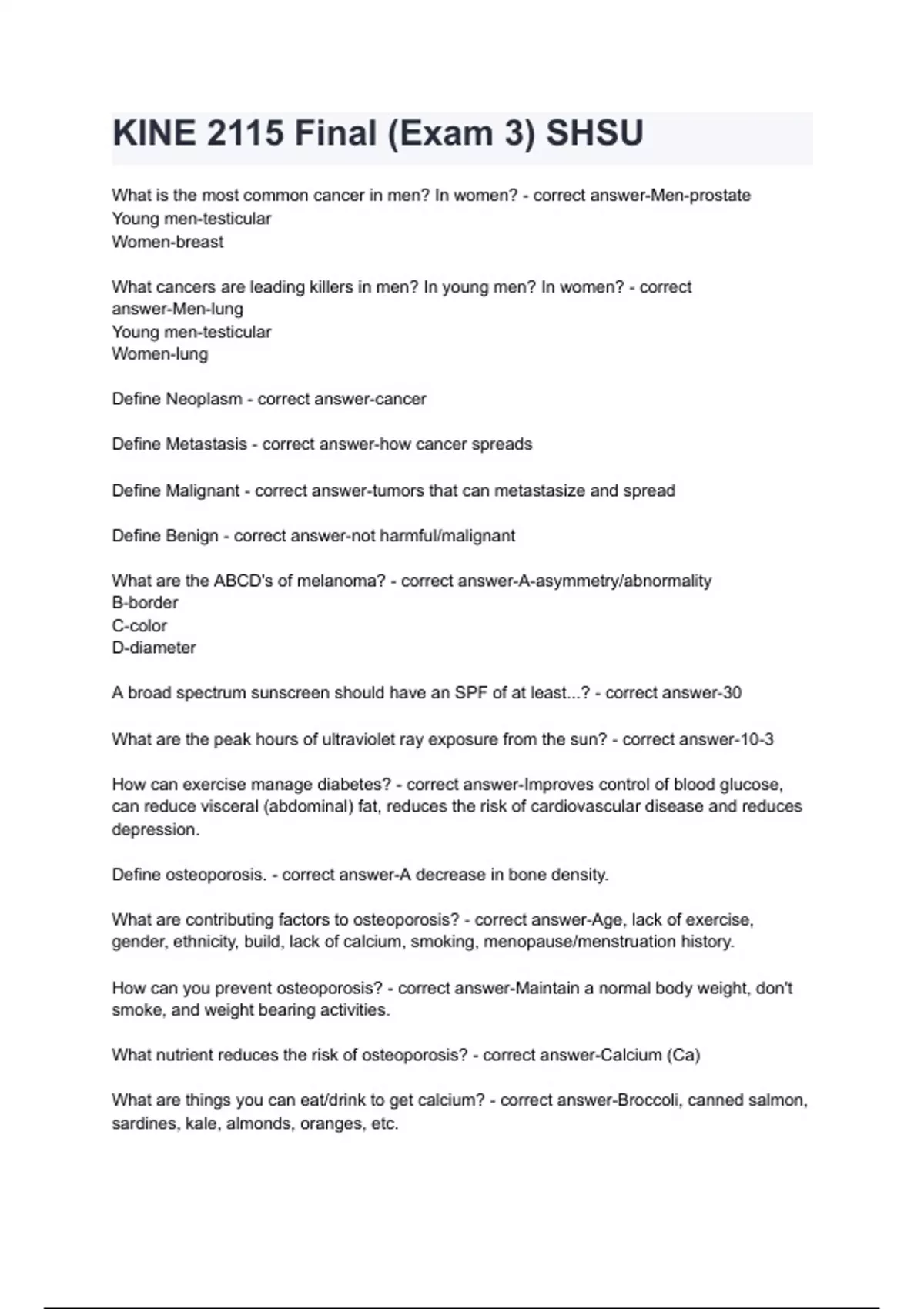 KINE 2115 Final (Exam 3) SHSU (2025/ 2026) Revised Complete Detailed ...