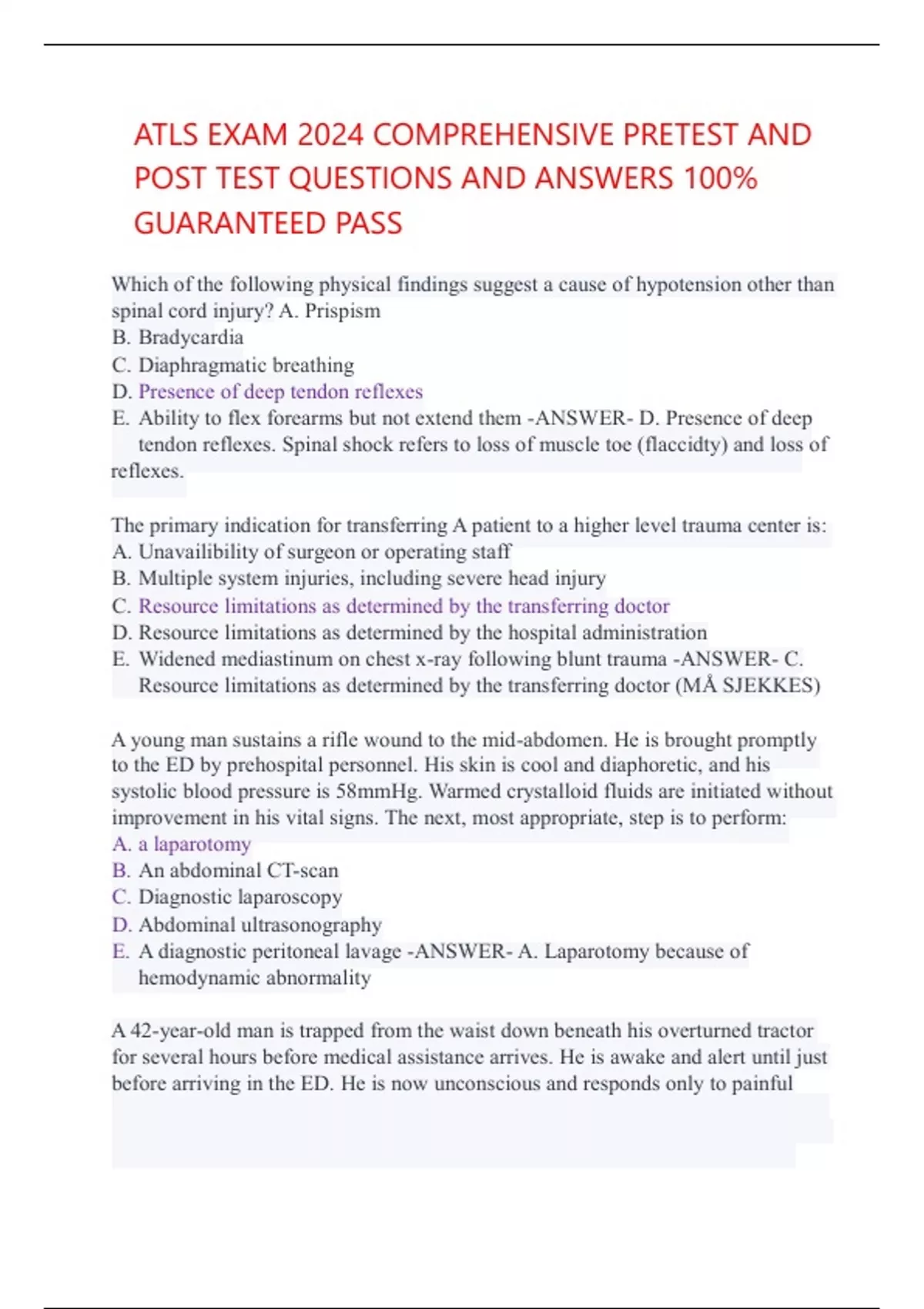 ATLS EXAM 2024 COMPREHENSIVE PRETEST AND POST TEST QUESTIONS AND ...