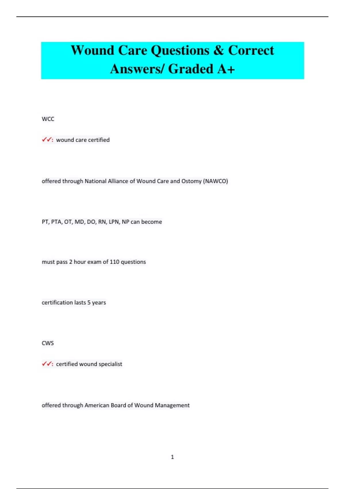 Wound Care Questions & Correct Answers/ Graded A+Wound Care Questions ...