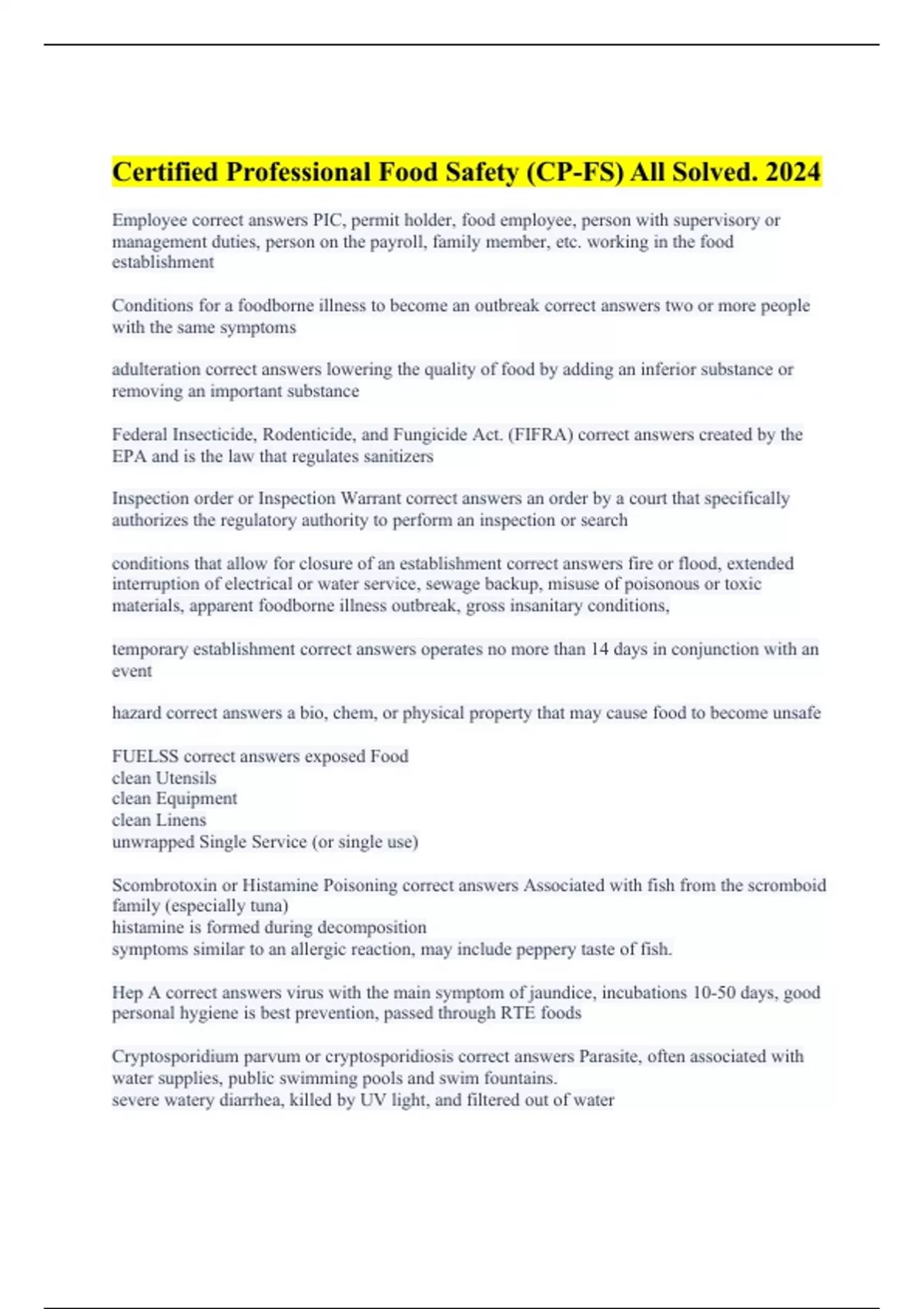 Certified Professional Food Safety (CP-FS) All Solved. 2024 - NEHA ...