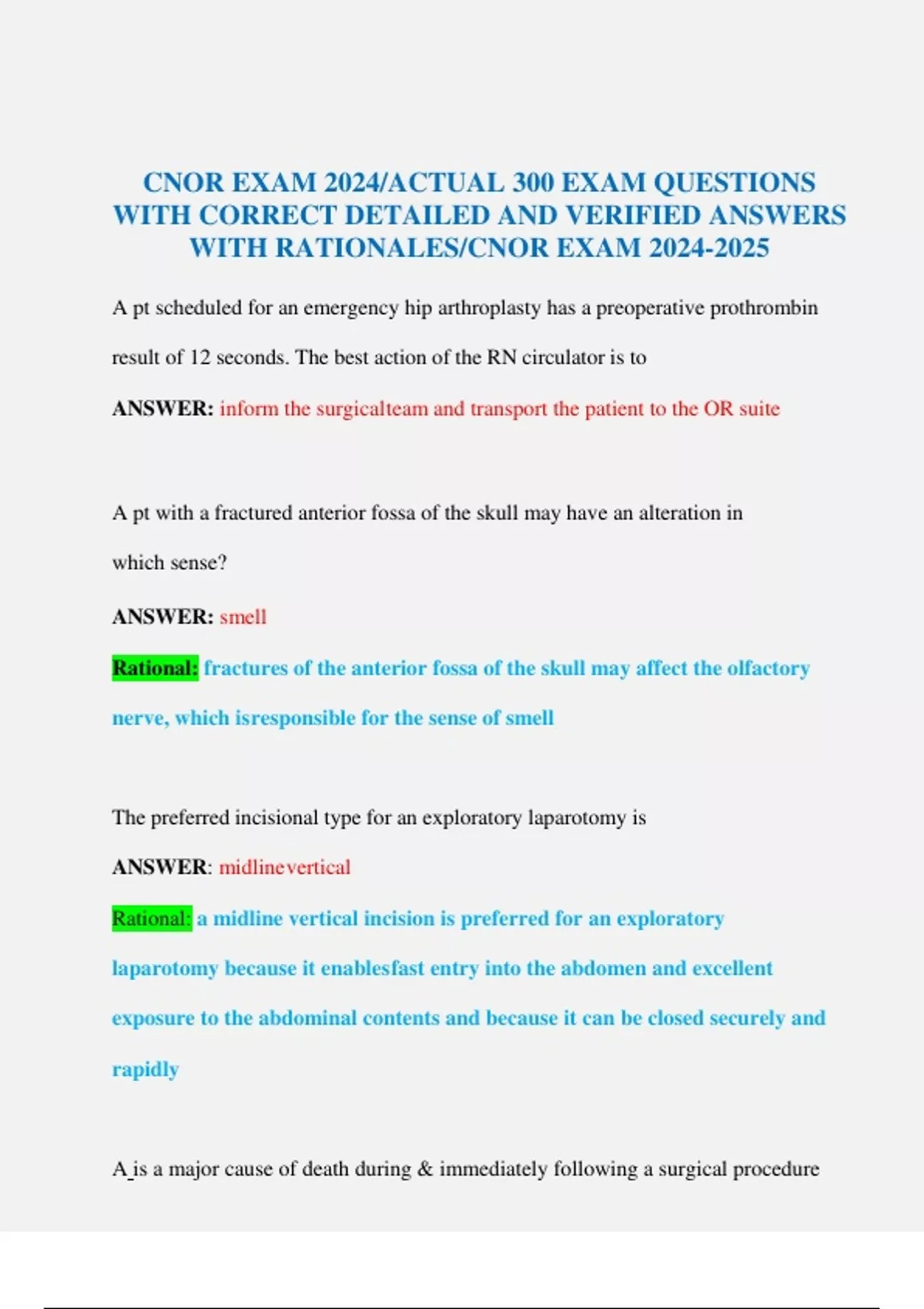 CNOR EXAM 2024/ACTUAL 300 EXAM QUESTIONS WITH CORRECT DETAILED AND ...