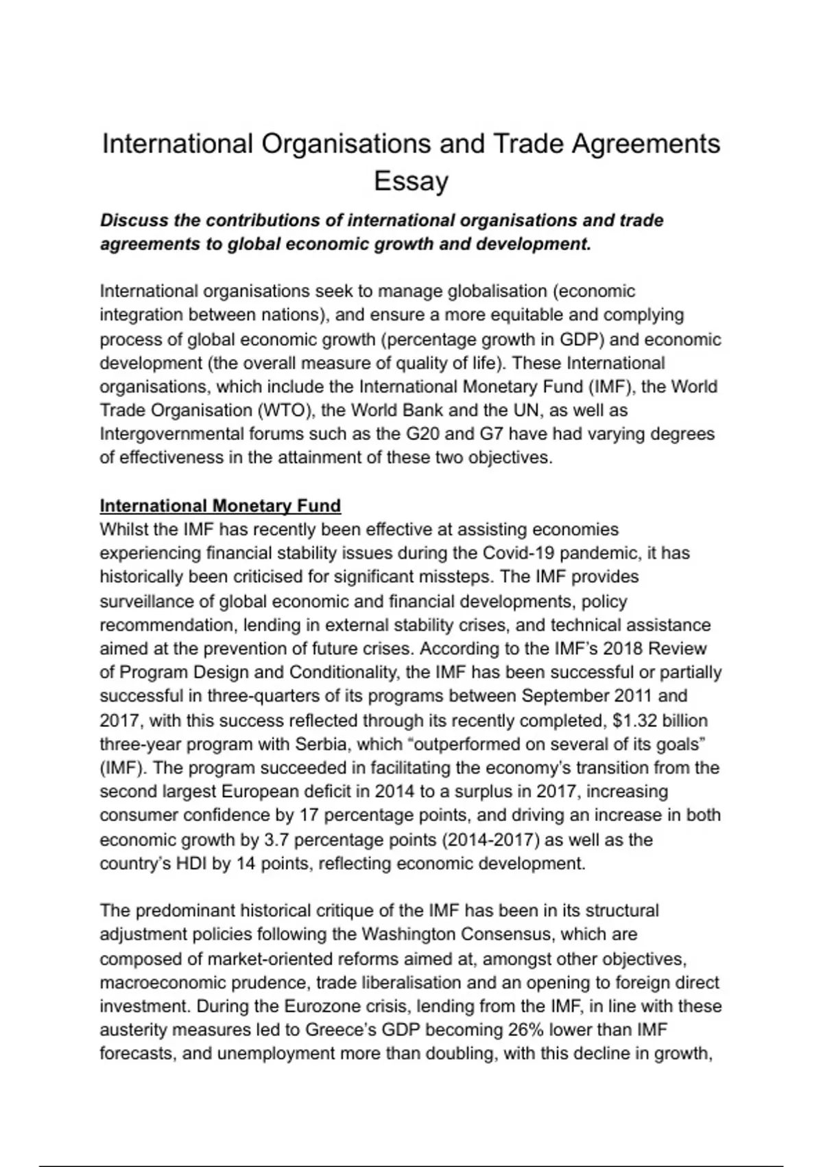 Summary 20/20 Exemplar Essay on International Organisations and Trade ...