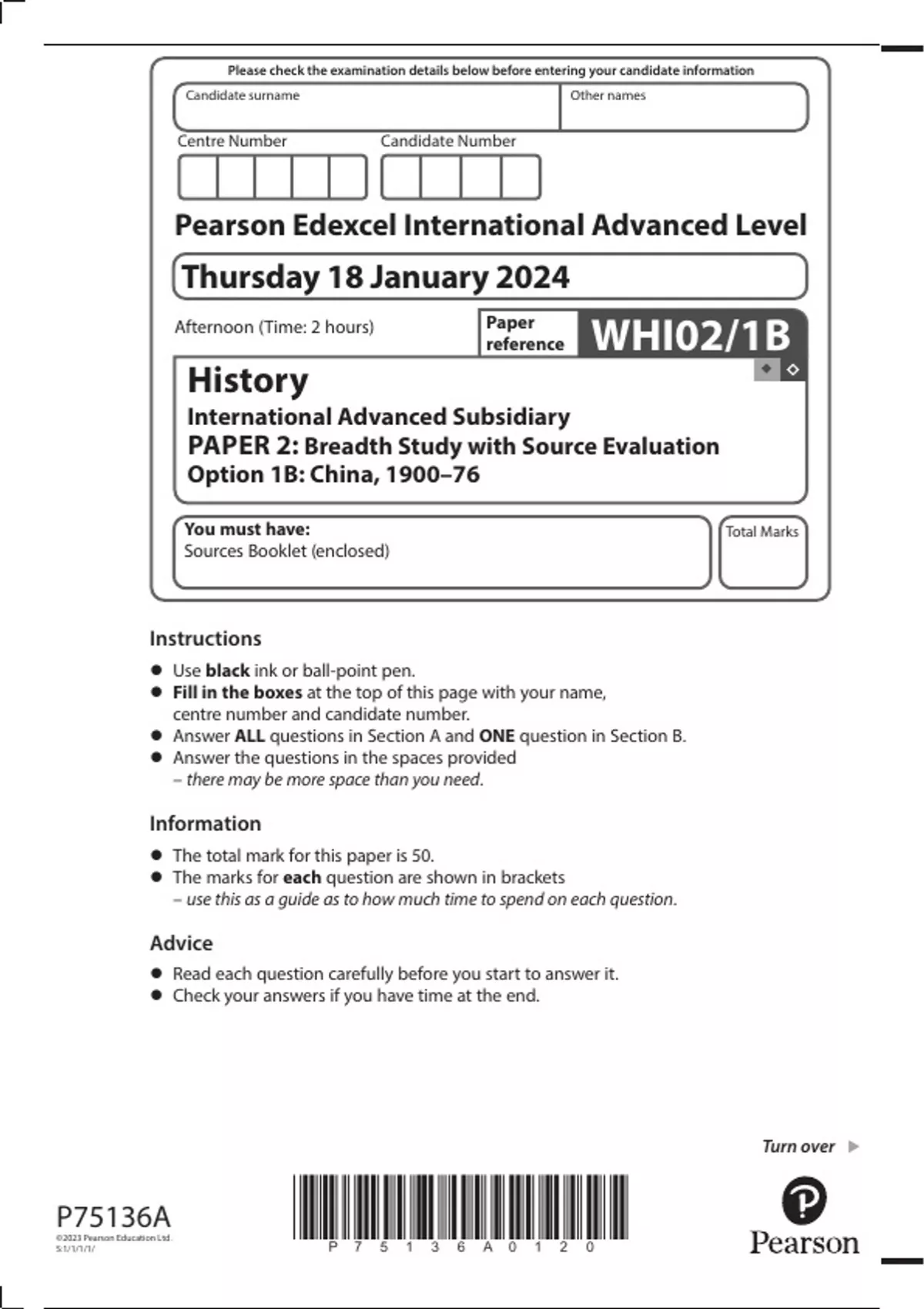 PEARSON EDEXCEL AS LEVEL HISTORY QUESTION PAPER 2 2024 (WHI02/1B/02 ...