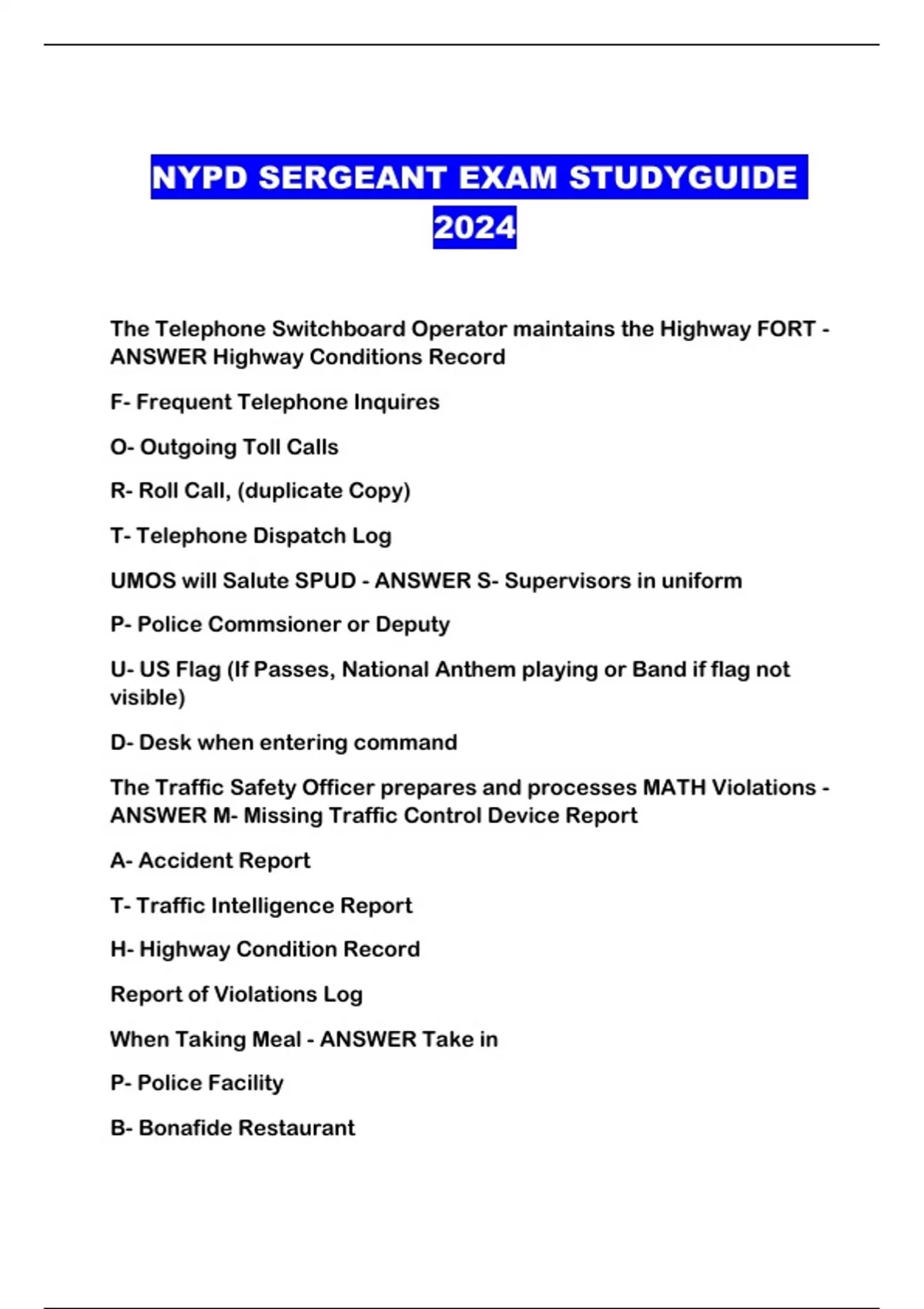 NYPD SERGEANT EXAM STUDYGUIDE 2024 - NYPD SERGEANT - Stuvia US