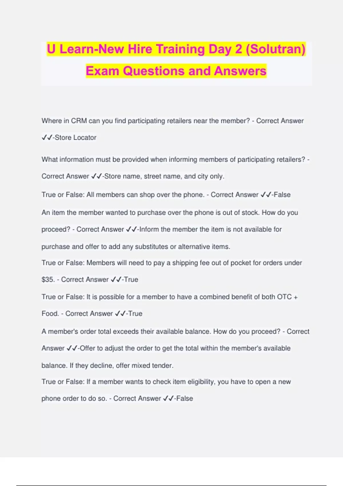U Learn-New Hire Training Day 2 (Solutran) Exam Questions and Answers ...