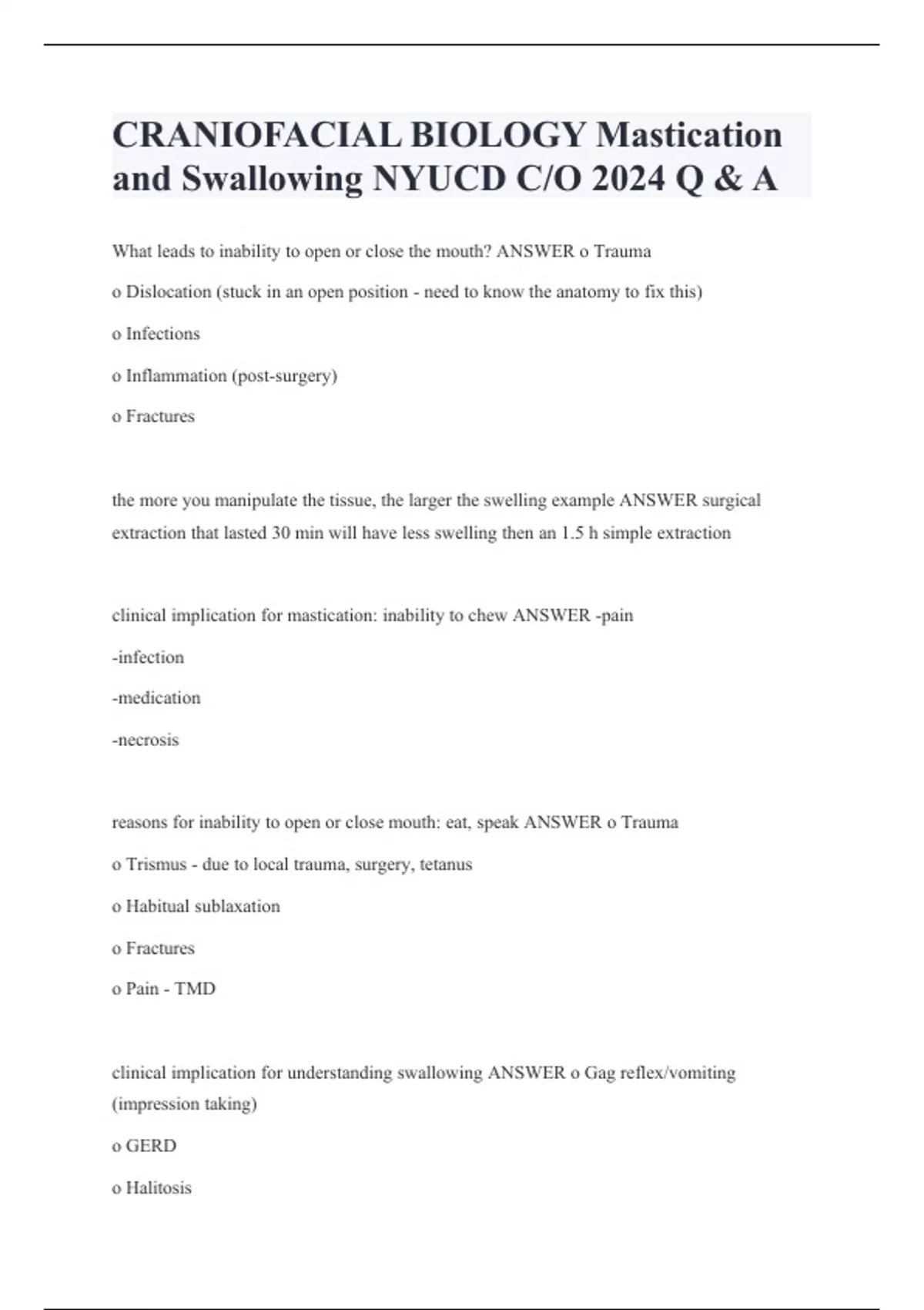 CRANIOFACIAL BIOLOGY Mastication and Swallowing NYUCD C/O 2024 Q & A ...