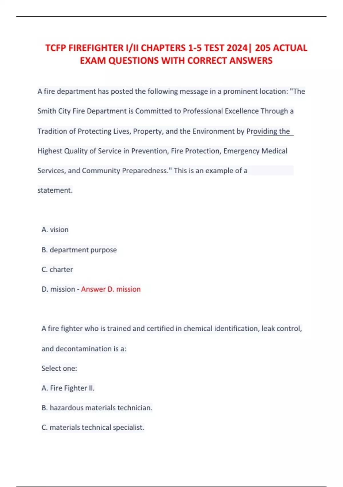 TCFP FIREFIGHTER I/II CHAPTERS 1-5 TEST 2024| 205 ACTUAL EXAM QUESTIONS ...