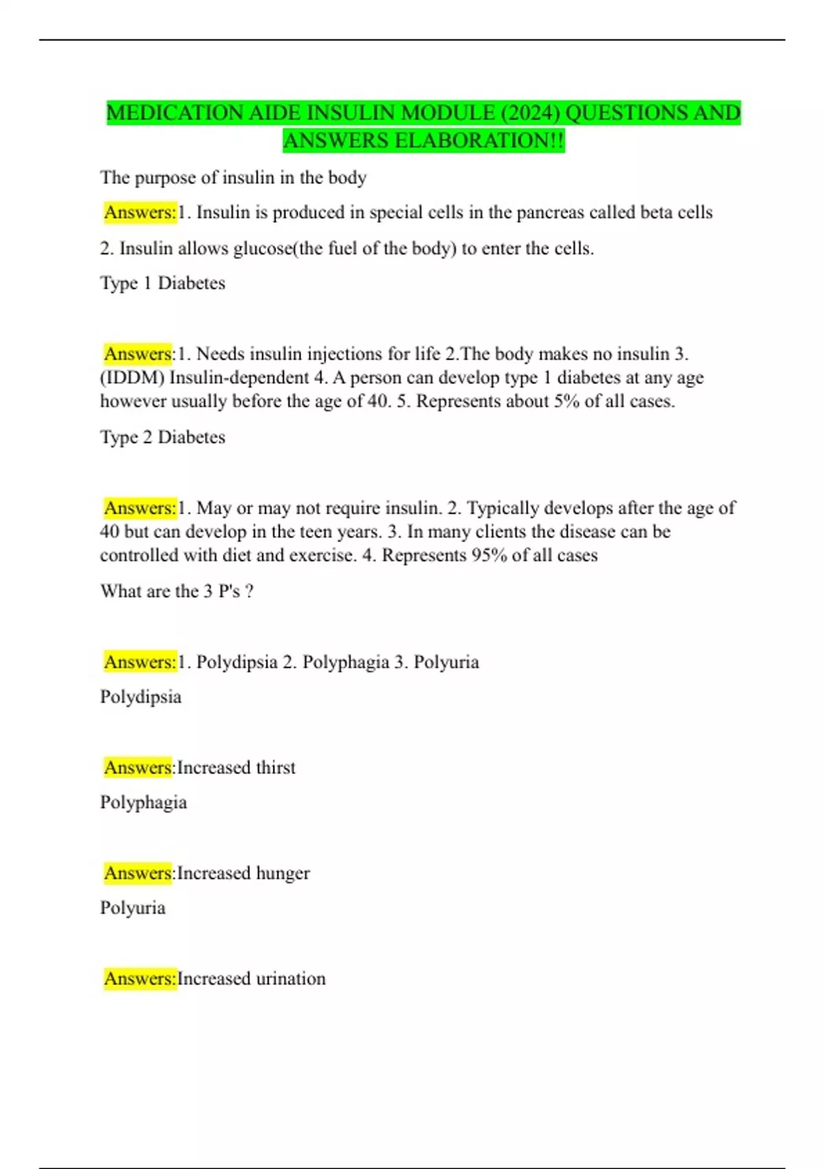 MEDICATION AIDE INSULIN MODULE (2024) QUESTIONS AND ANSWERS ELABORATION ...