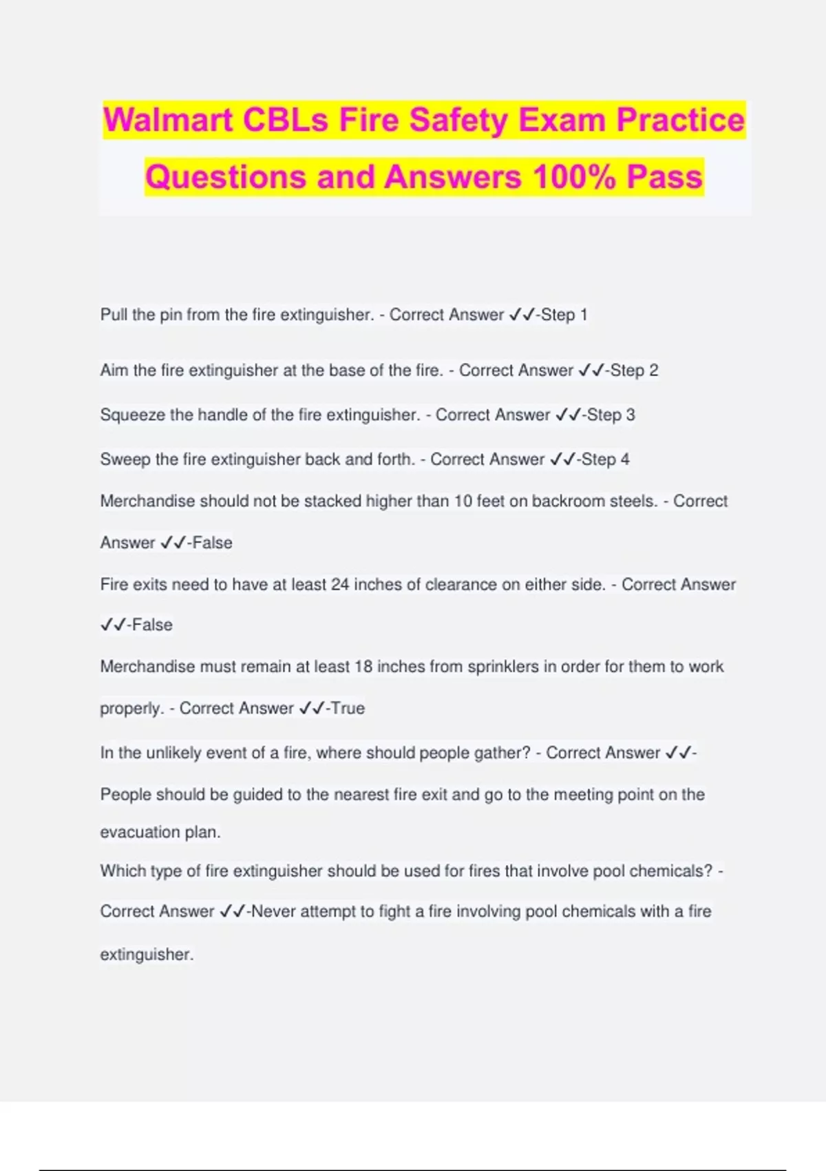 Walmart CBLs Fire Safety Exam Practice Questions and Answers 100% Pass ...