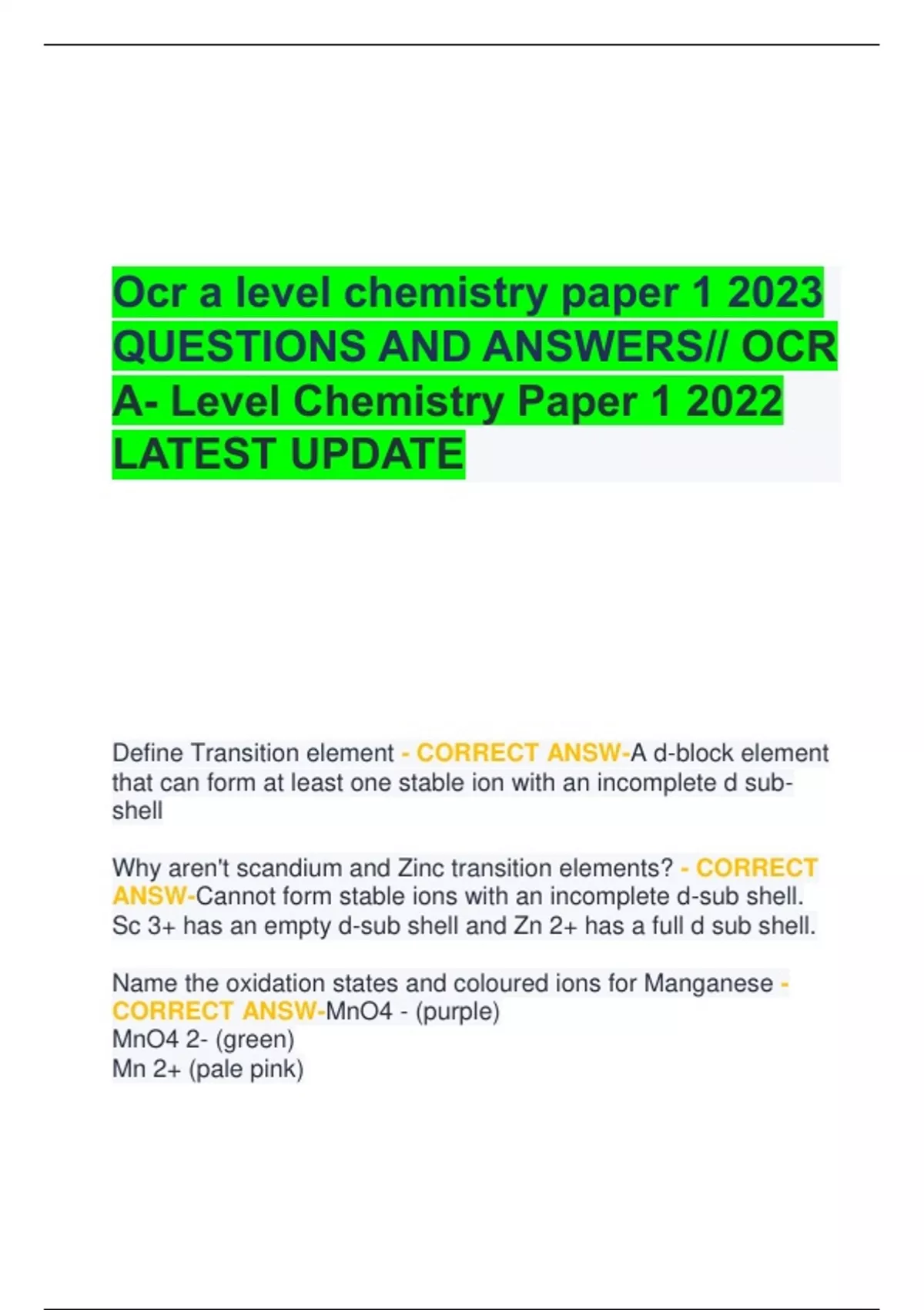Ocr a level chemistry paper 1 2023 QUESTIONS AND ANSWERS// OCR A- Level ...