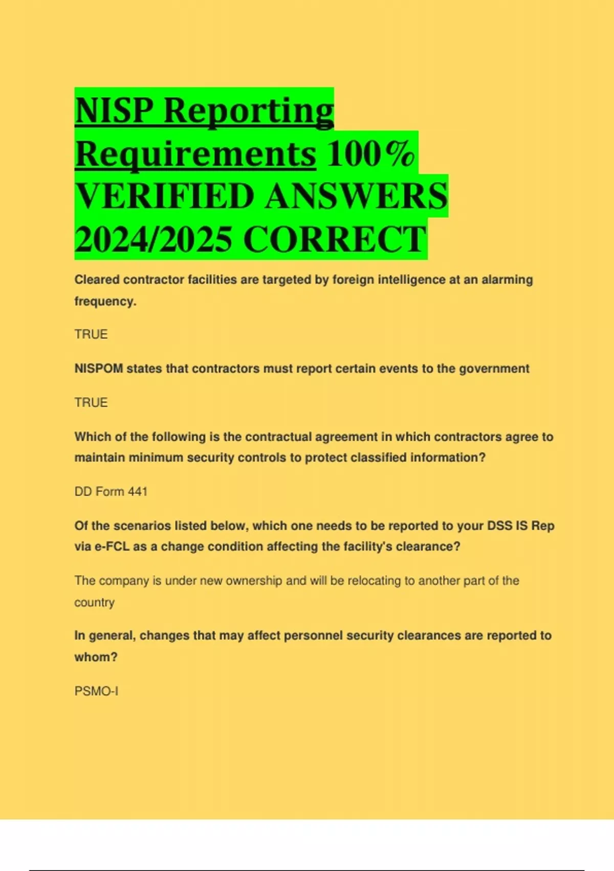 NISP Reporting Requirements 100% VERIFIED ANSWERS 2024/2025 CORRECT ...