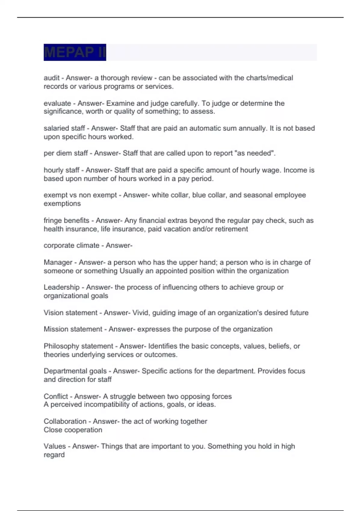 MEPAP II QUESTIONS AND ANSWERS - MEPAP II - Stuvia US