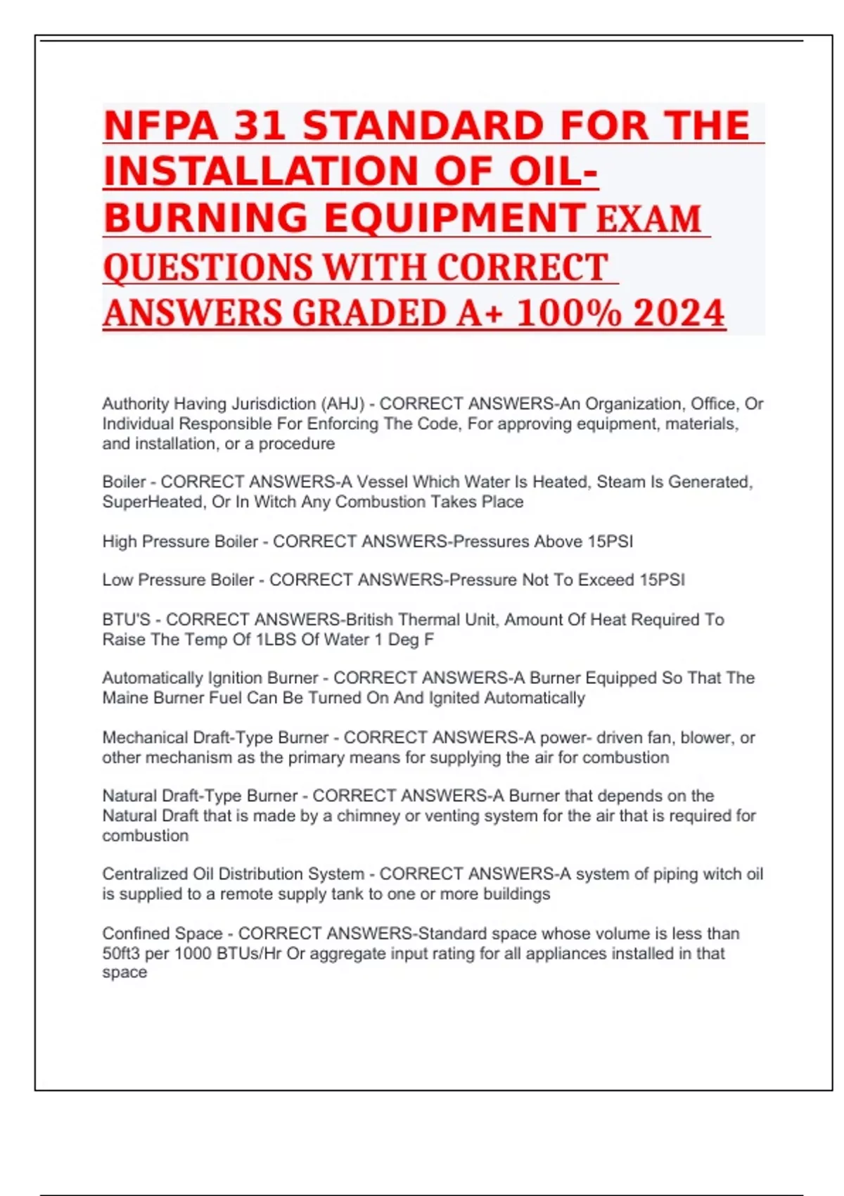 NFPA 31 STANDARD FOR THE INSTALLATION OF OIL-BURNING EQUIPMENT EXAM ...