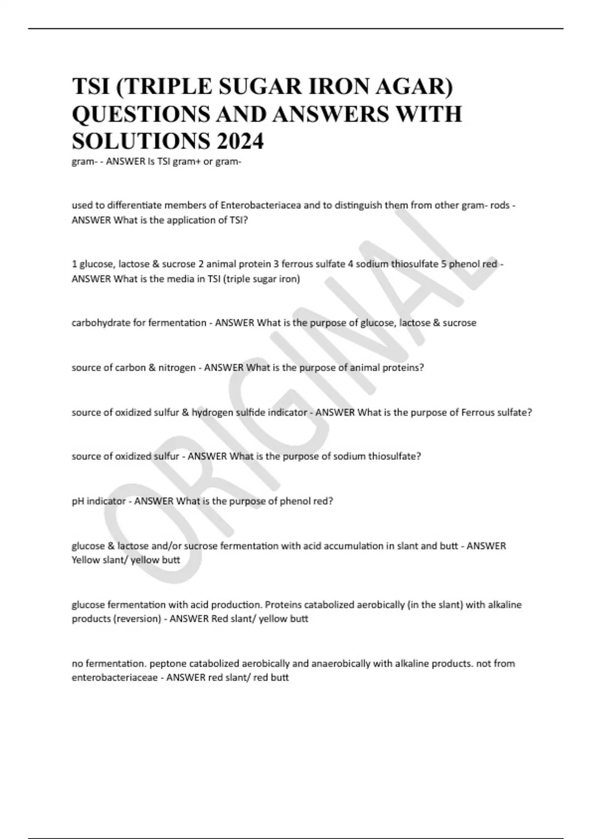 TSI (TRIPLE SUGAR IRON AGAR) QUESTIONS AND ANSWERS WITH SOLUTIONS 2024 ...