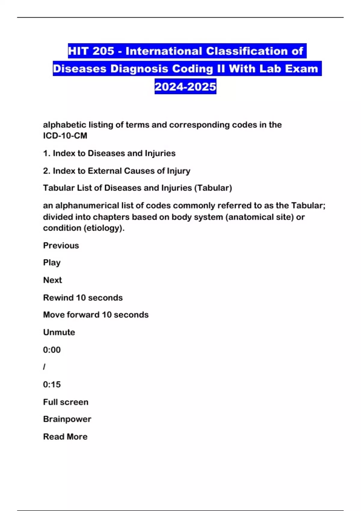 HIT 205 - International Classification of Diseases Diagnosis Coding II ...