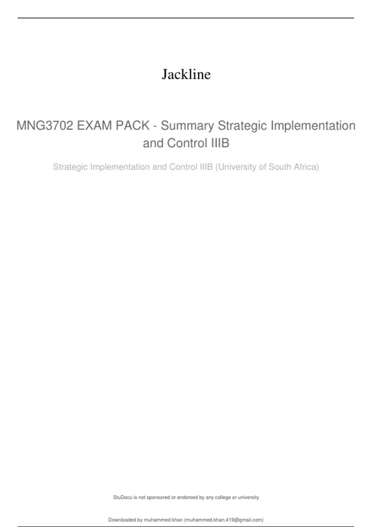 MNG3702 EXAM PACK - Summary Strategic Implementation and Control IIIB ...
