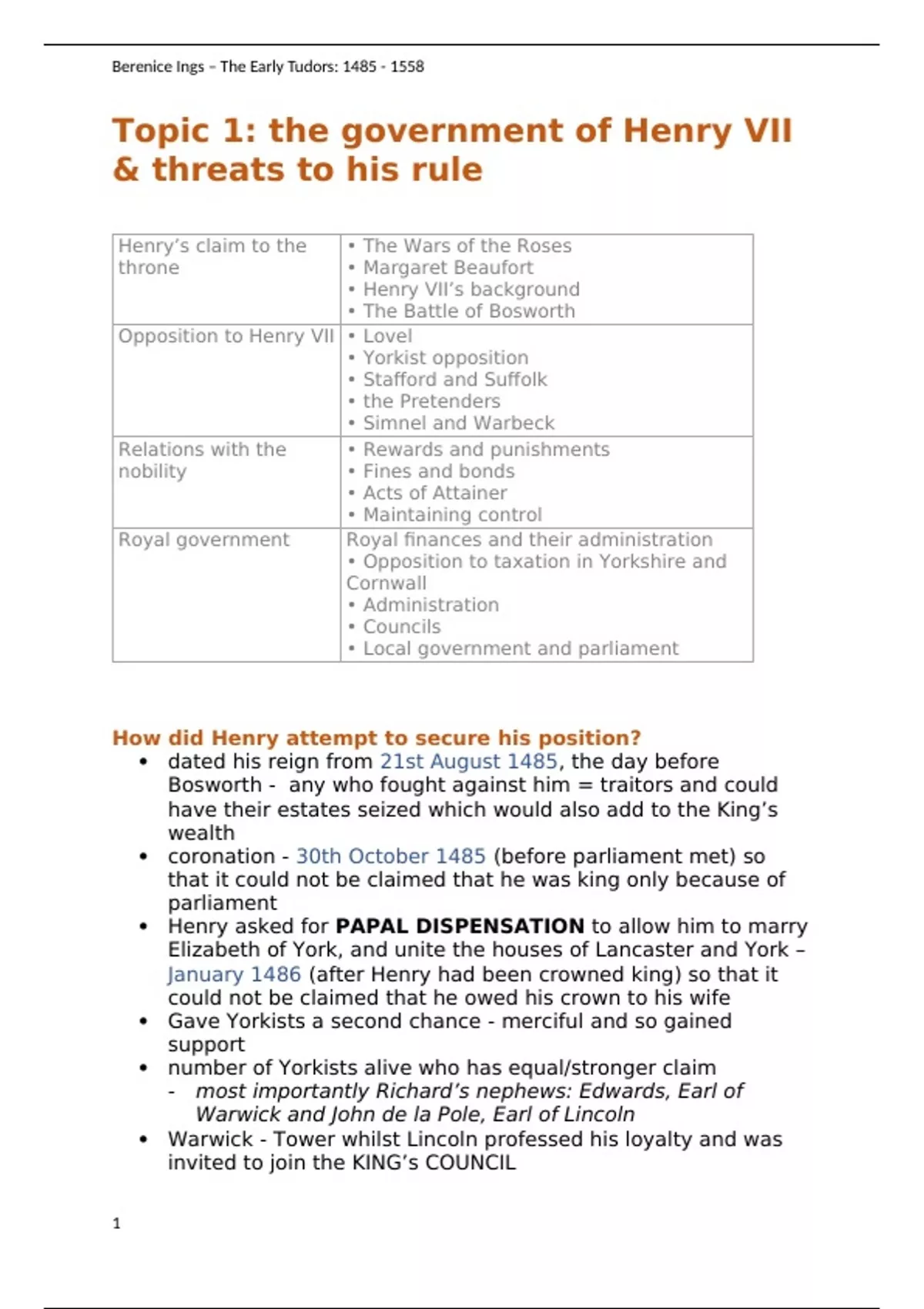 OCR history a level summary notes: the government of henry VII and ...