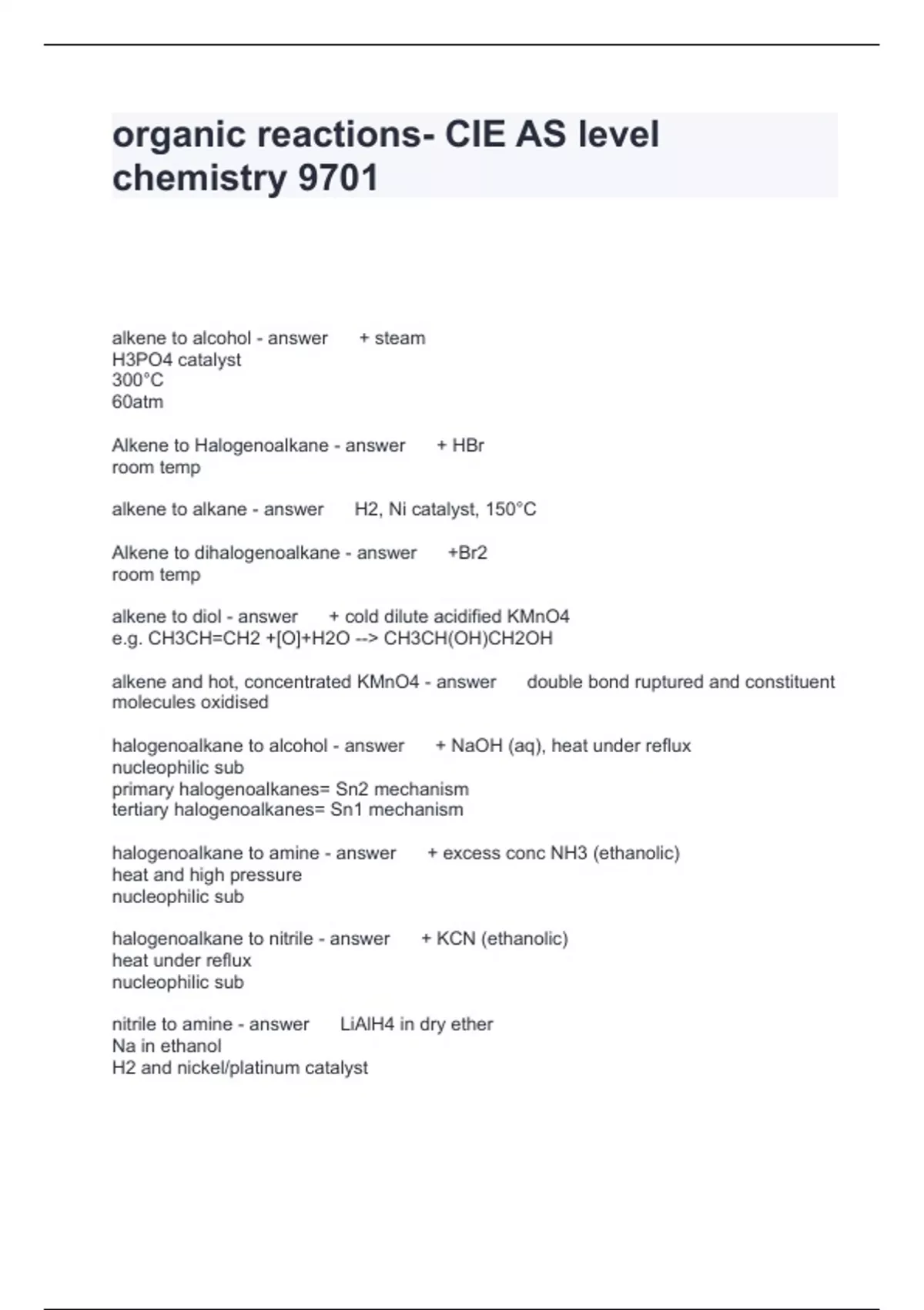 organic reactions- CIE AS level chemistry 9701 Questions and Answers 100% Solved - Organic ...