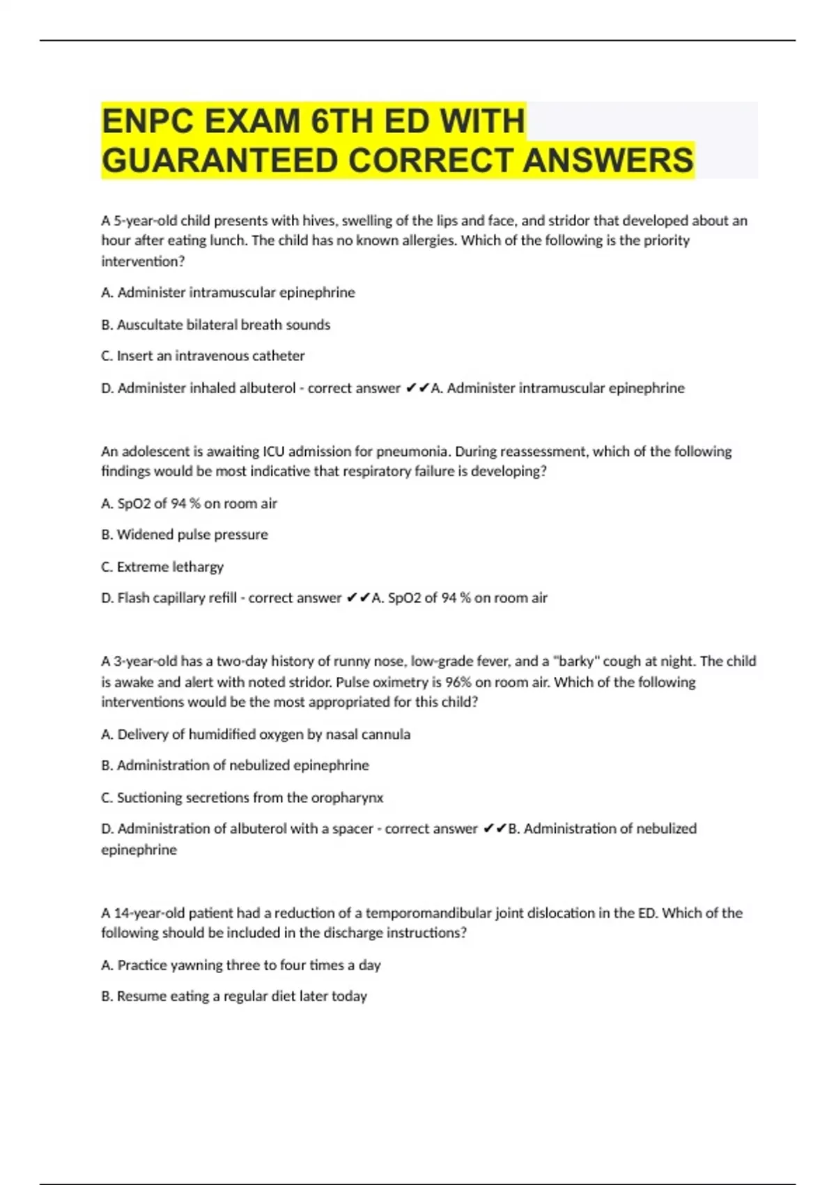 ENPC EXAM 6TH ED WITH GUARANTEED CORRECT ANSWERS - ENPC - Stuvia FR