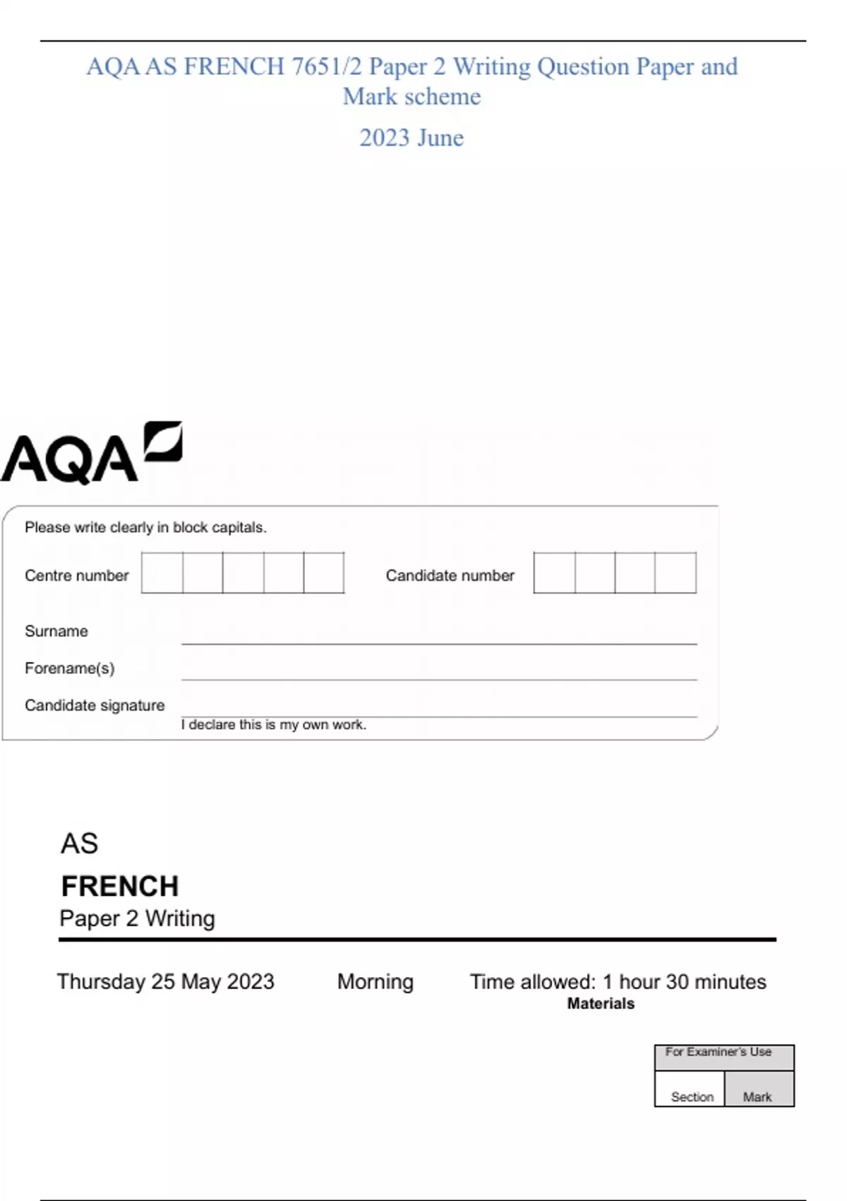 2023 AQA A-level FRENCH 7652/1 Paper 1 Listening, Reading and Writing ...