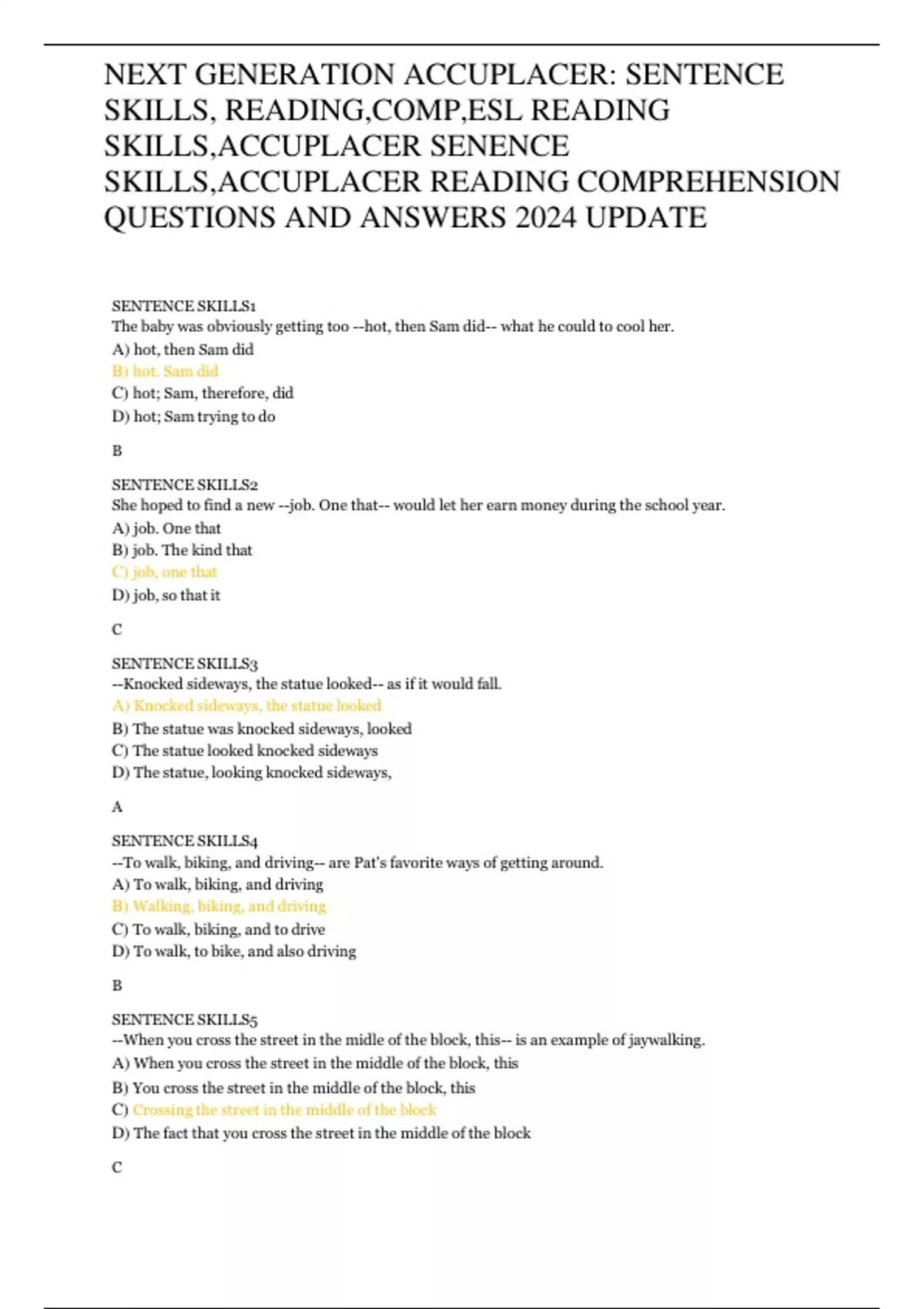 Next Generation Accuplacer Sentence Skills Reading Comp Esl Reading Skills Accuplacer Senence