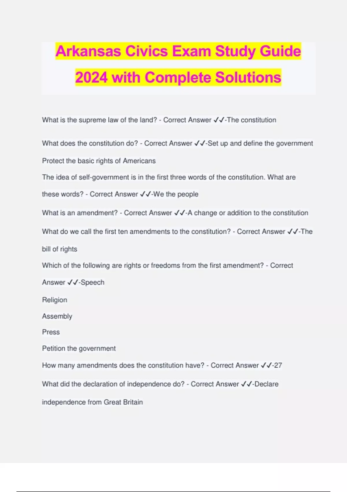 Arkansas Civics Exam Study Guide 2024 with Complete Solutions - Arkansas Civics - Stuvia US