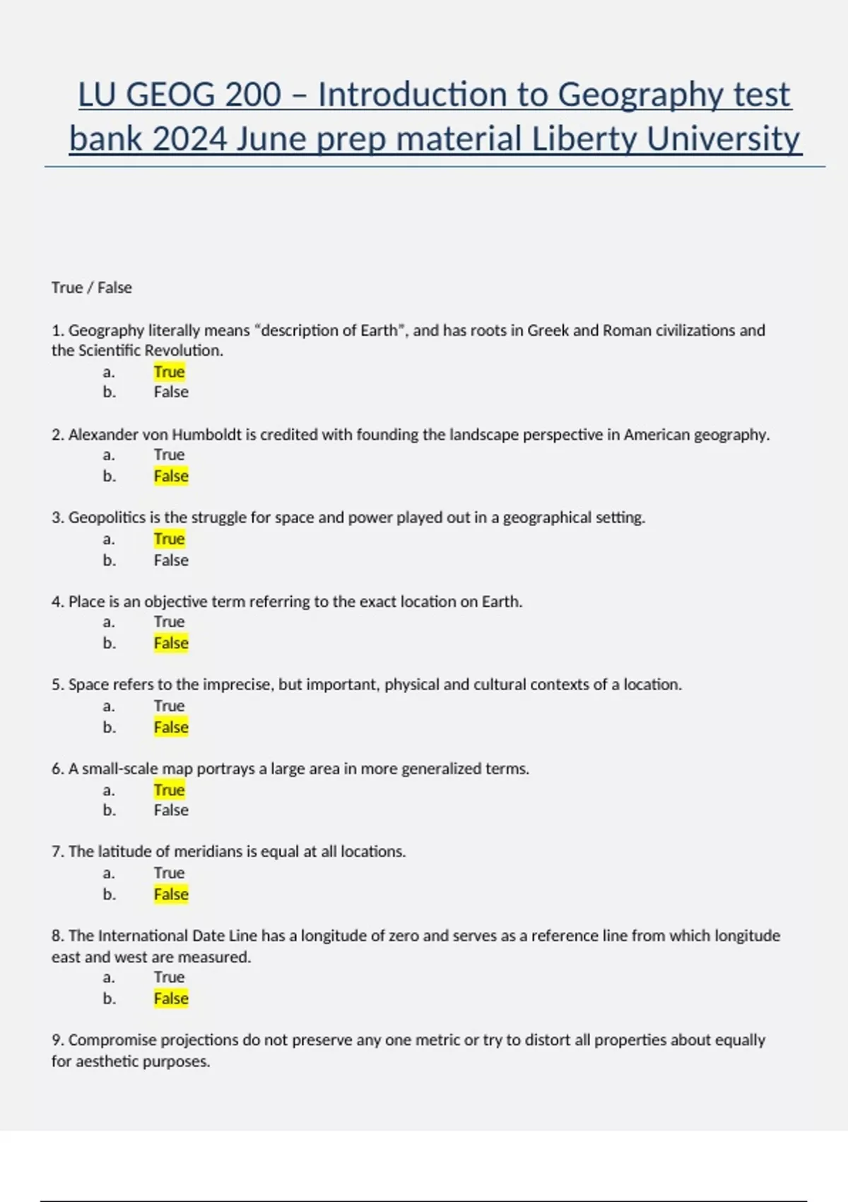 LU GEOG 200 – Introduction to Geography test bank 2024 June prep ...