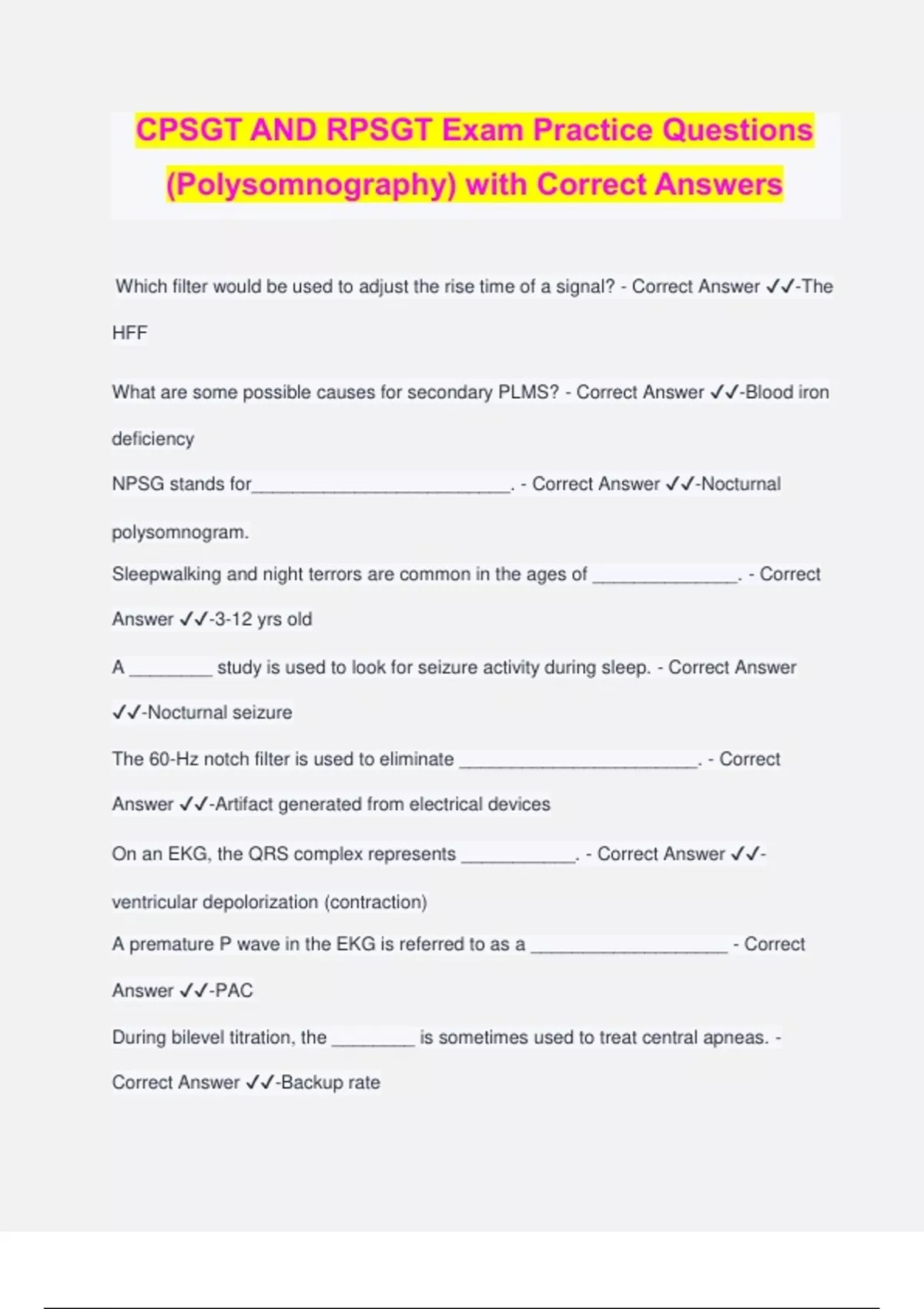 CPSGT AND RPSGT Exam Practice Questions (Polysomnography) with Correct ...