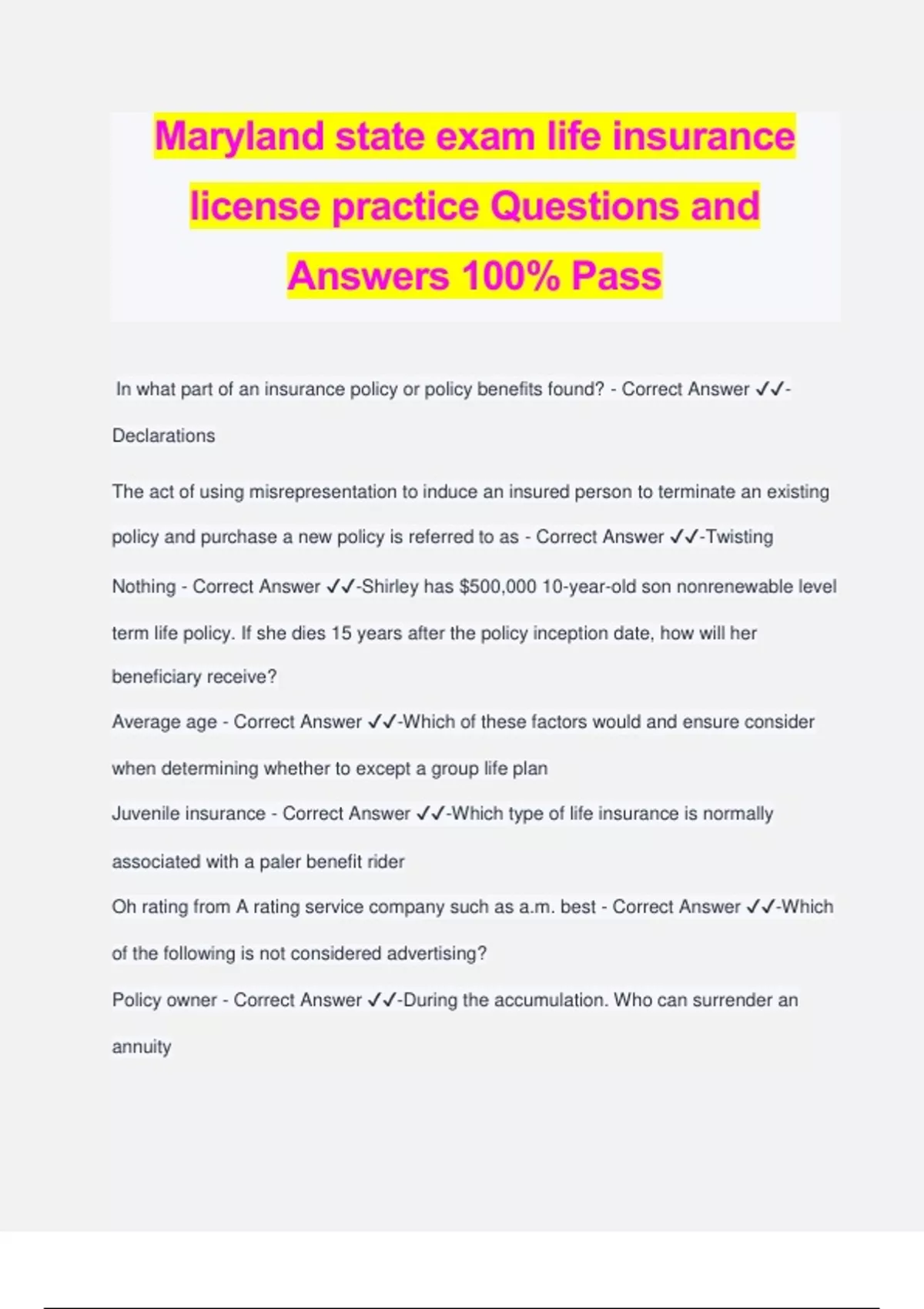 Maryland state exam life insurance license practice Questions and ...