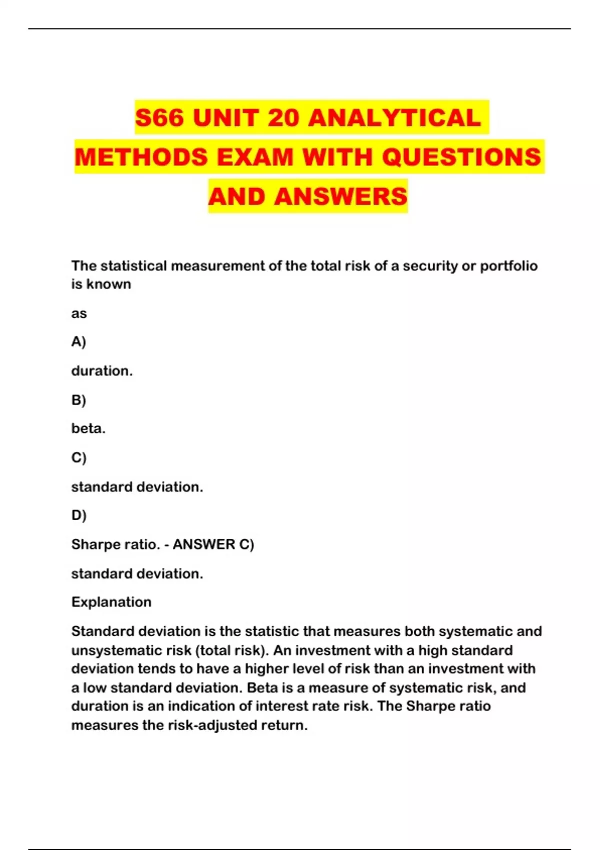 S66 UNIT 20 ANALYTICAL METHODS EXAM WITH QUESTIONS AND ANSWERS - S66 ...