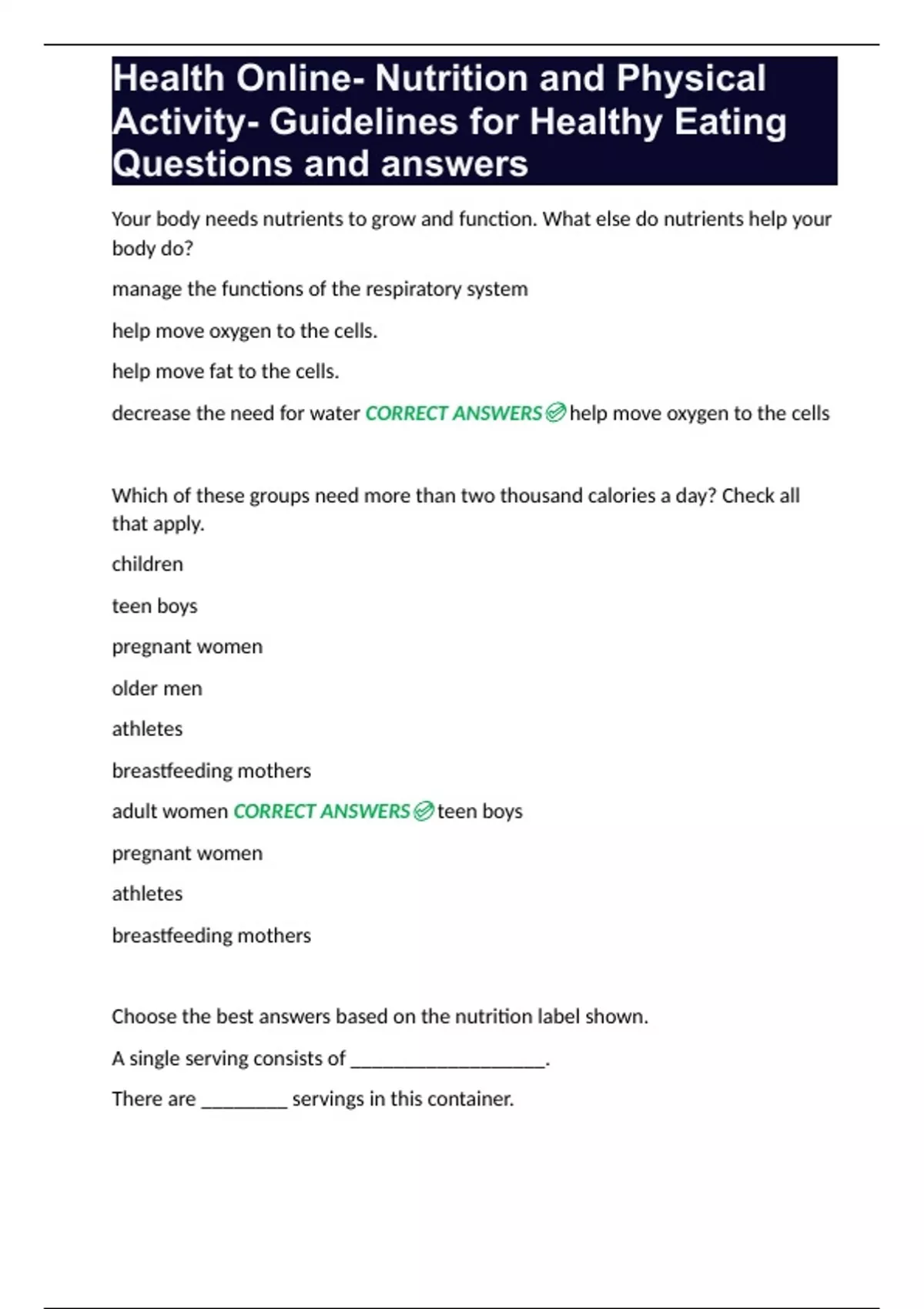 Health Online- Nutrition and Physical Activity- Guidelines for Healthy Eating Questions and ...