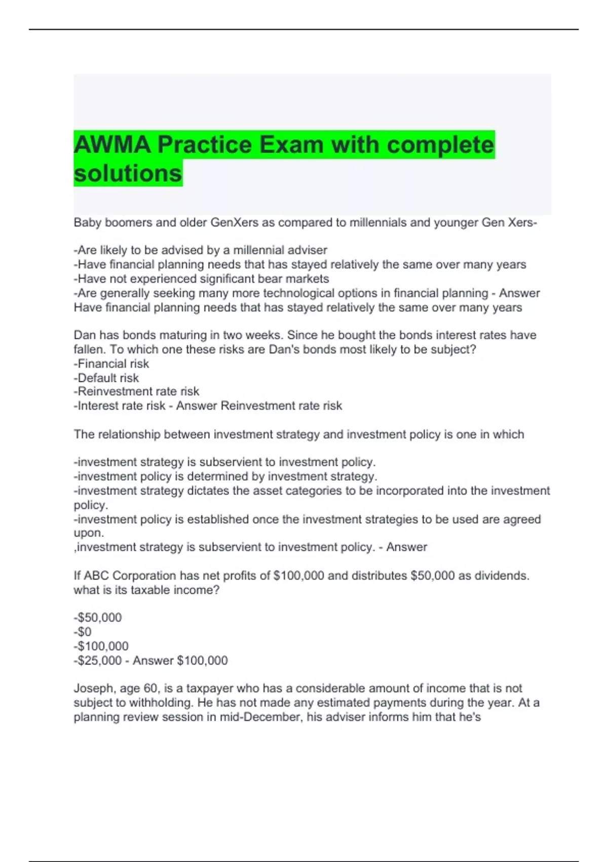 AWMA Practice Exam with complete solutions - AWMA - Stuvia US