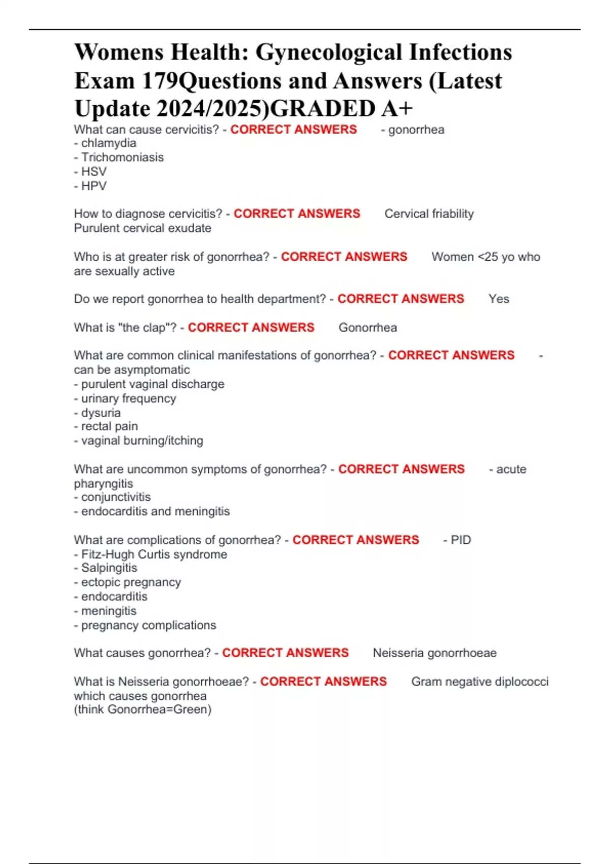 Womens Health: Gynecological Infections Exam 179Questions and Answers ...