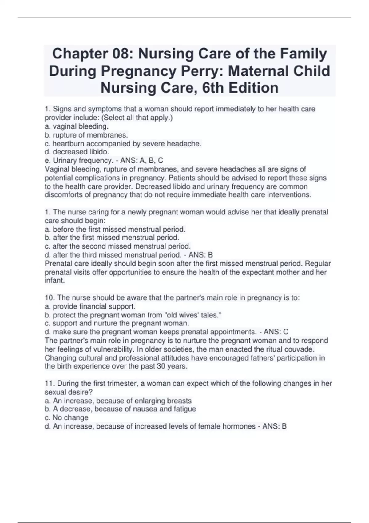 Chapter 08: Nursing Care of the Family During Pregnancy Perry: Maternal ...