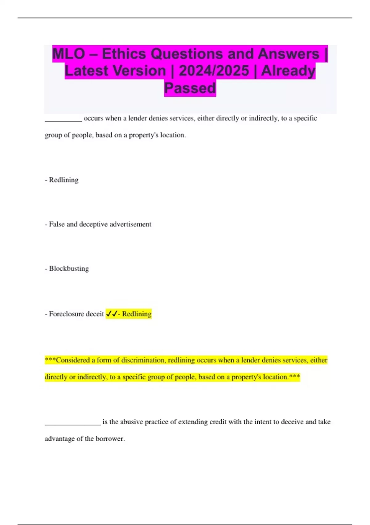 MLO – Ethics Questions and Answers | Latest Version | 2024/2025 ...