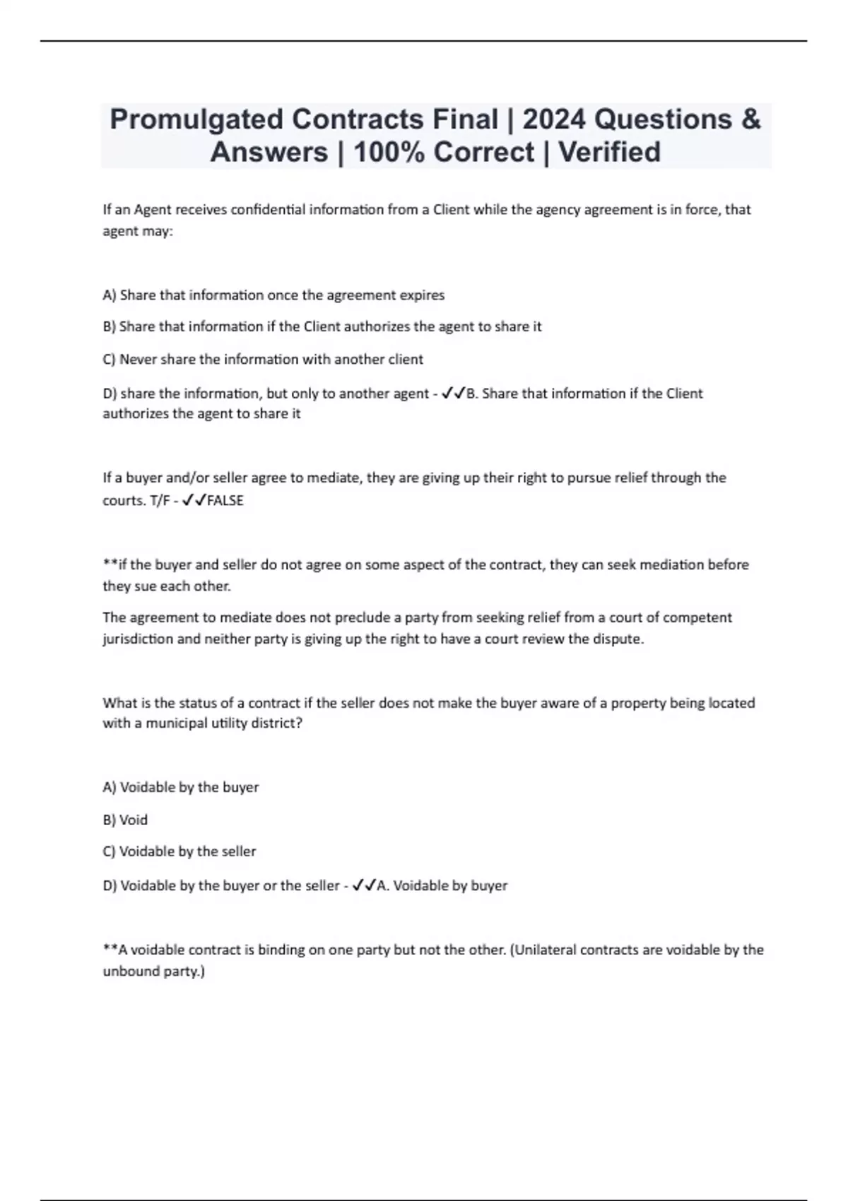 Promulgated Contracts Final | 2024 Questions & Answers | 100% Correct | Verified - Promulgated ...