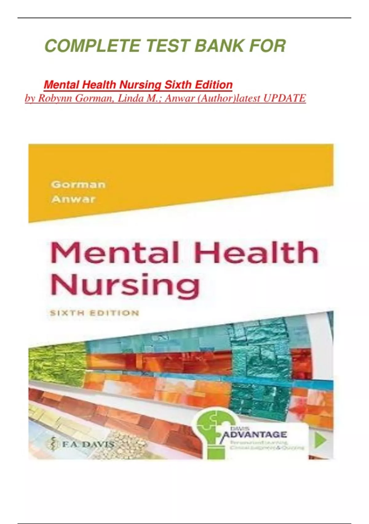 COMPLETE TEST BANK FOR Mental Health Nursing Sixth Edition by Robynn ...