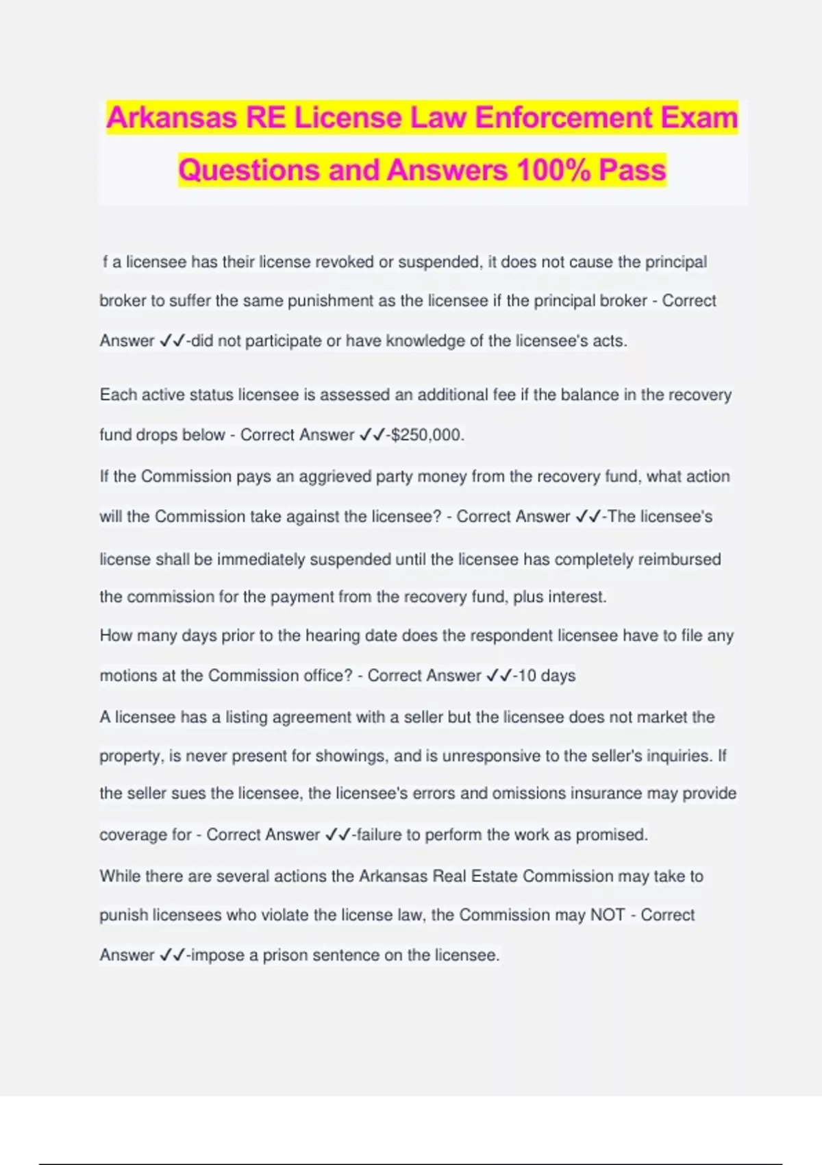 Arkansas RE License Law Enforcement Exam Questions and Answers 100% ...