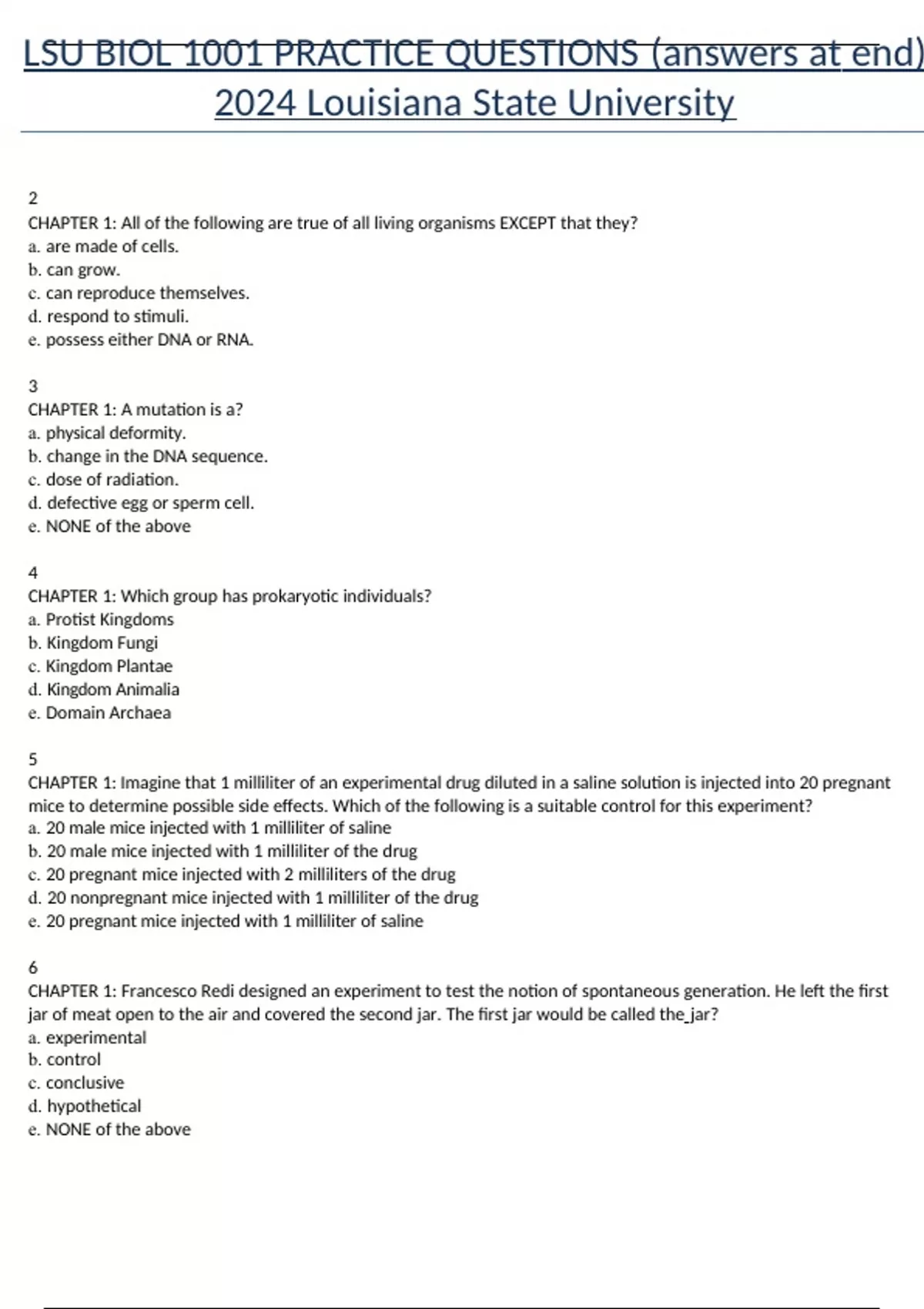 LSU BIOL 1001 PRACTICE QUESTIONS (answers at end) 2024 Louisiana State ...