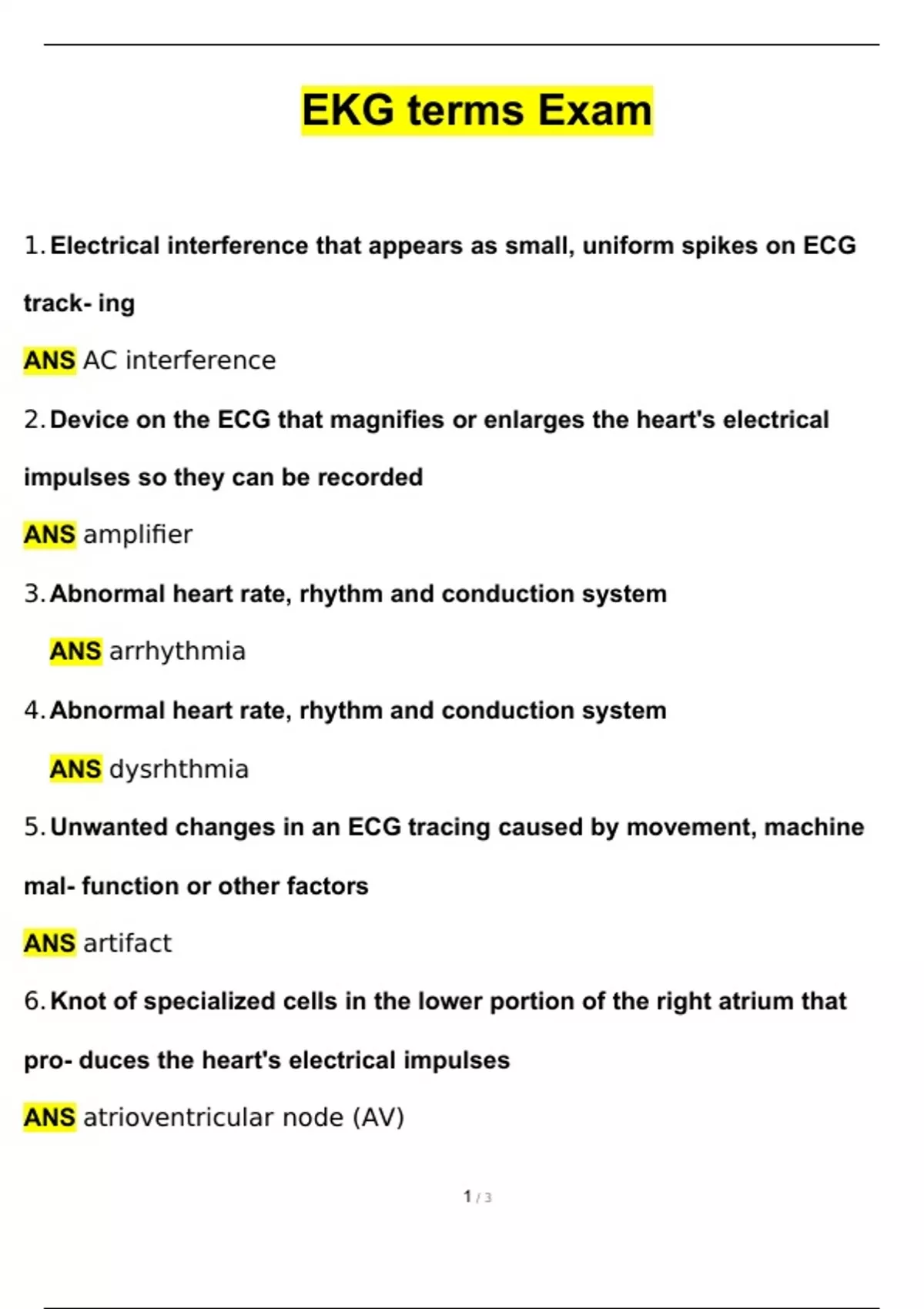 EKG terms (QUESTIONS WITH 100% CORRECT ANSWERS ) (2024 / 2025) (Verified by Experts) - Ekg ...