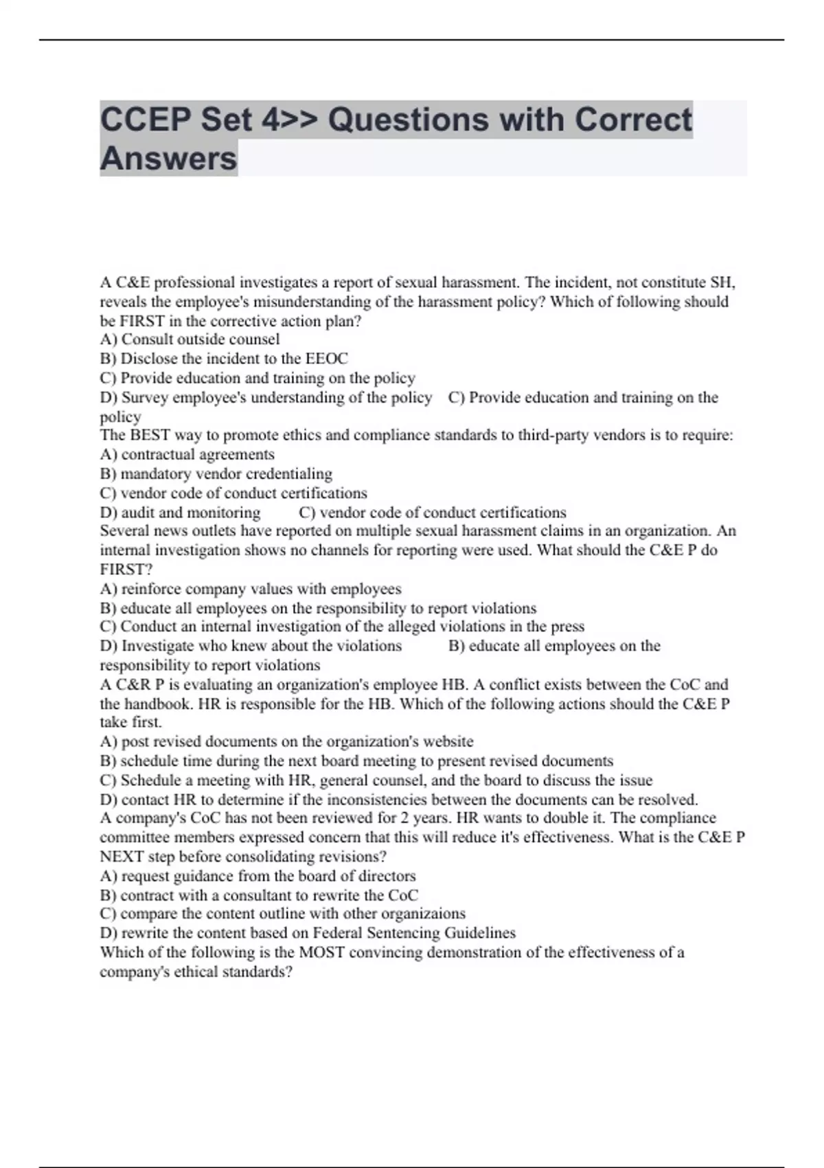 CCEP Set 4 Questions with Correct Answers - CCEP - Stuvia US