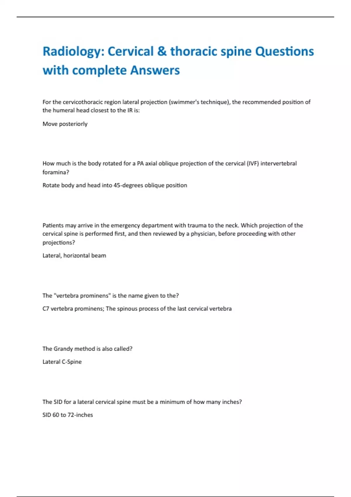 Radiology: Cervical & thoracic spine Questions with complete Answers ...