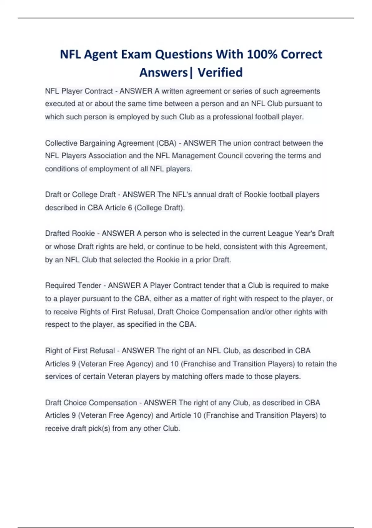 NFL Agent Exam Questions With 100% Correct Answers| Verified - NFL ...