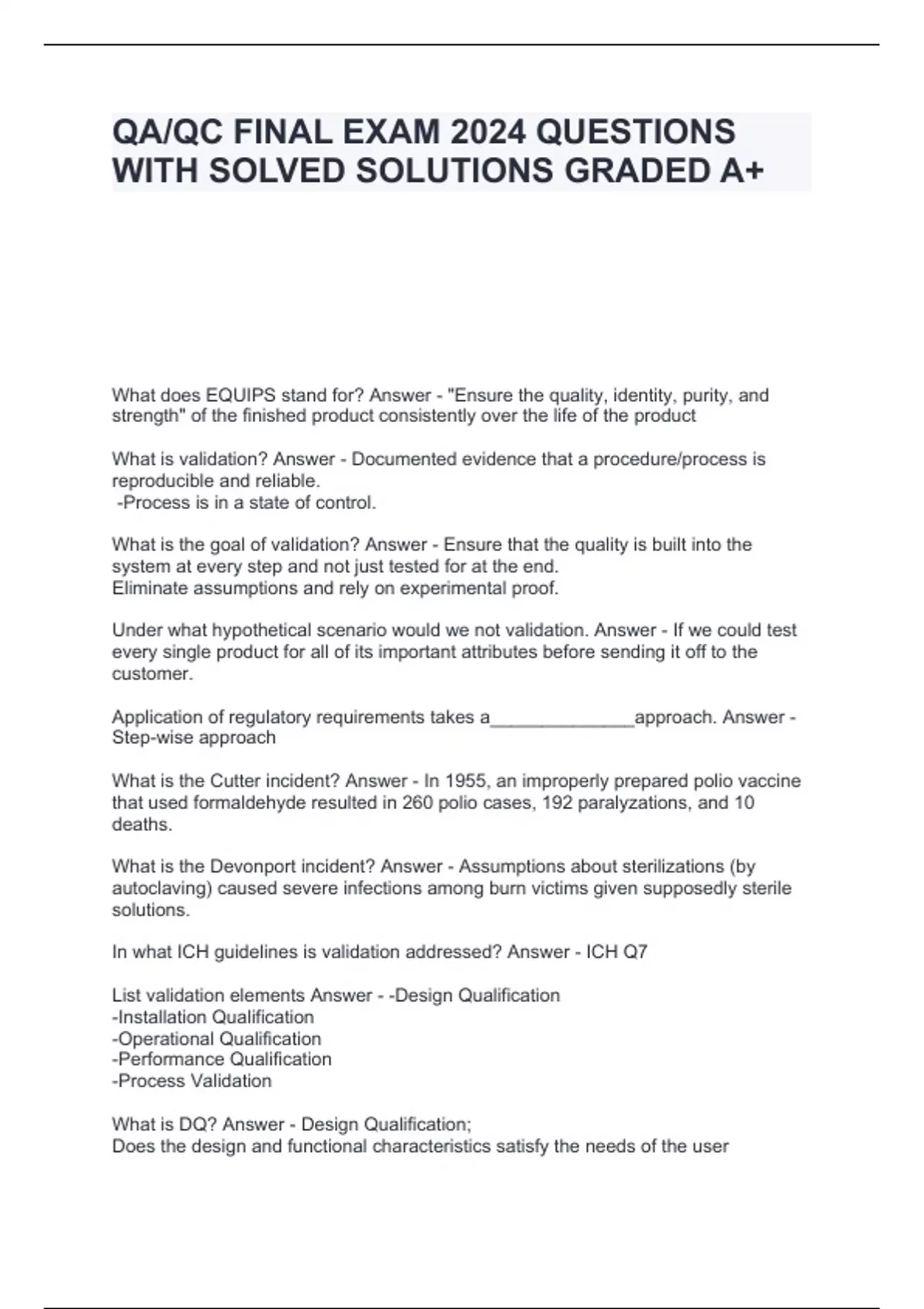 QA/QC FINAL EXAM 2024 QUESTIONS WITH SOLVED SOLUTIONS GRADED A+ - QAQC - Stuvia US