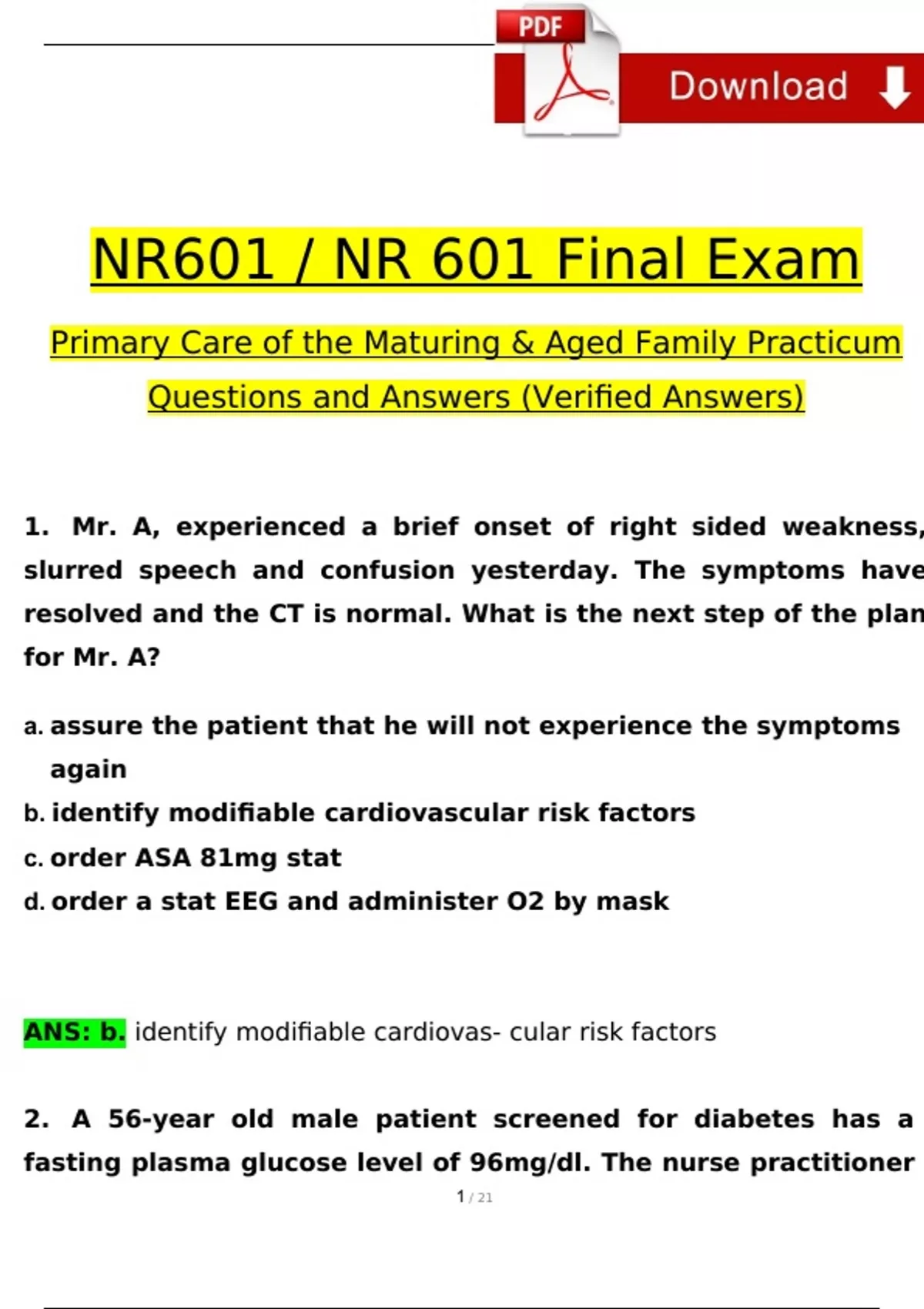 NR 601 Final Exam Care of the Mature Adults 2024 Expected Questions ...