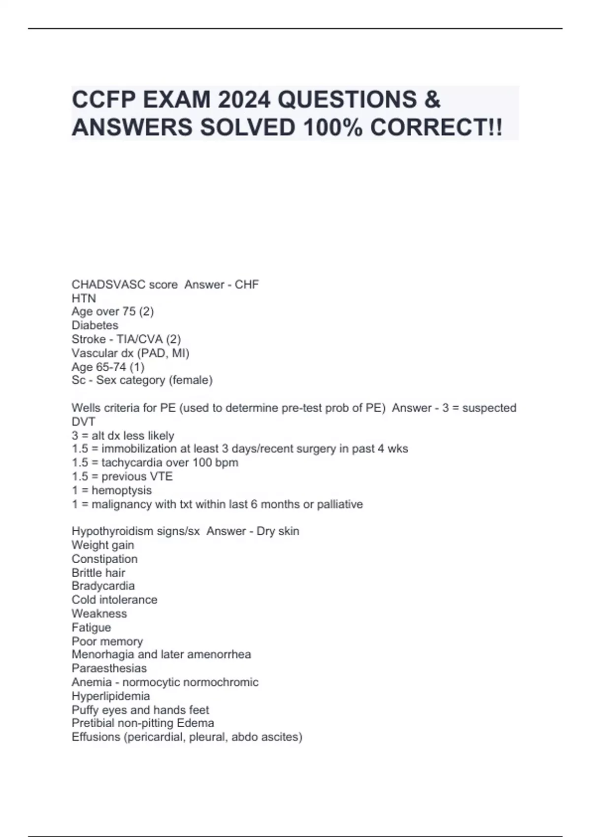 CCFP EXAM 2024 QUESTIONS & ANSWERS SOLVED 100% CORRECT!! - CCFP - Stuvia US