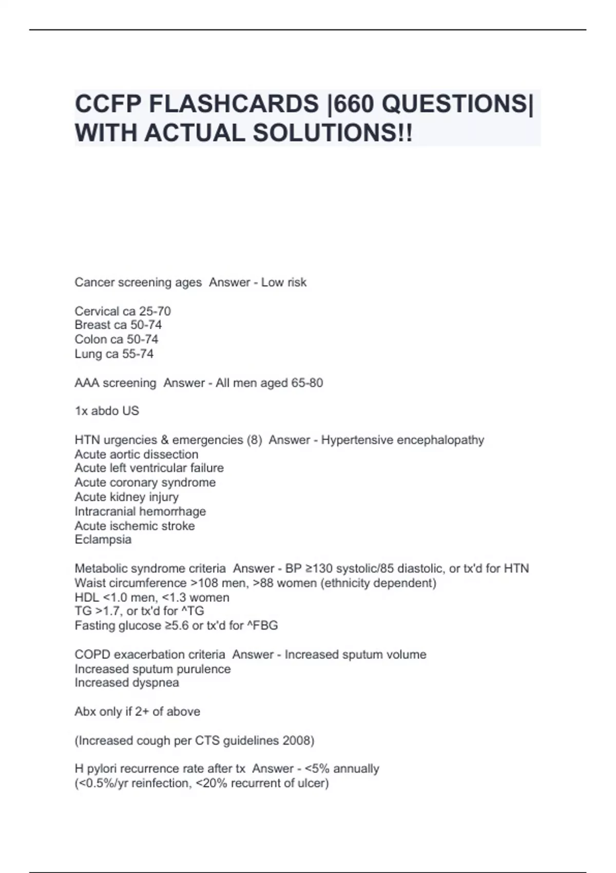 CCFP FLASHCARDS |660 QUESTIONS| WITH ACTUAL SOLUTIONS!! - CCFP - Stuvia US