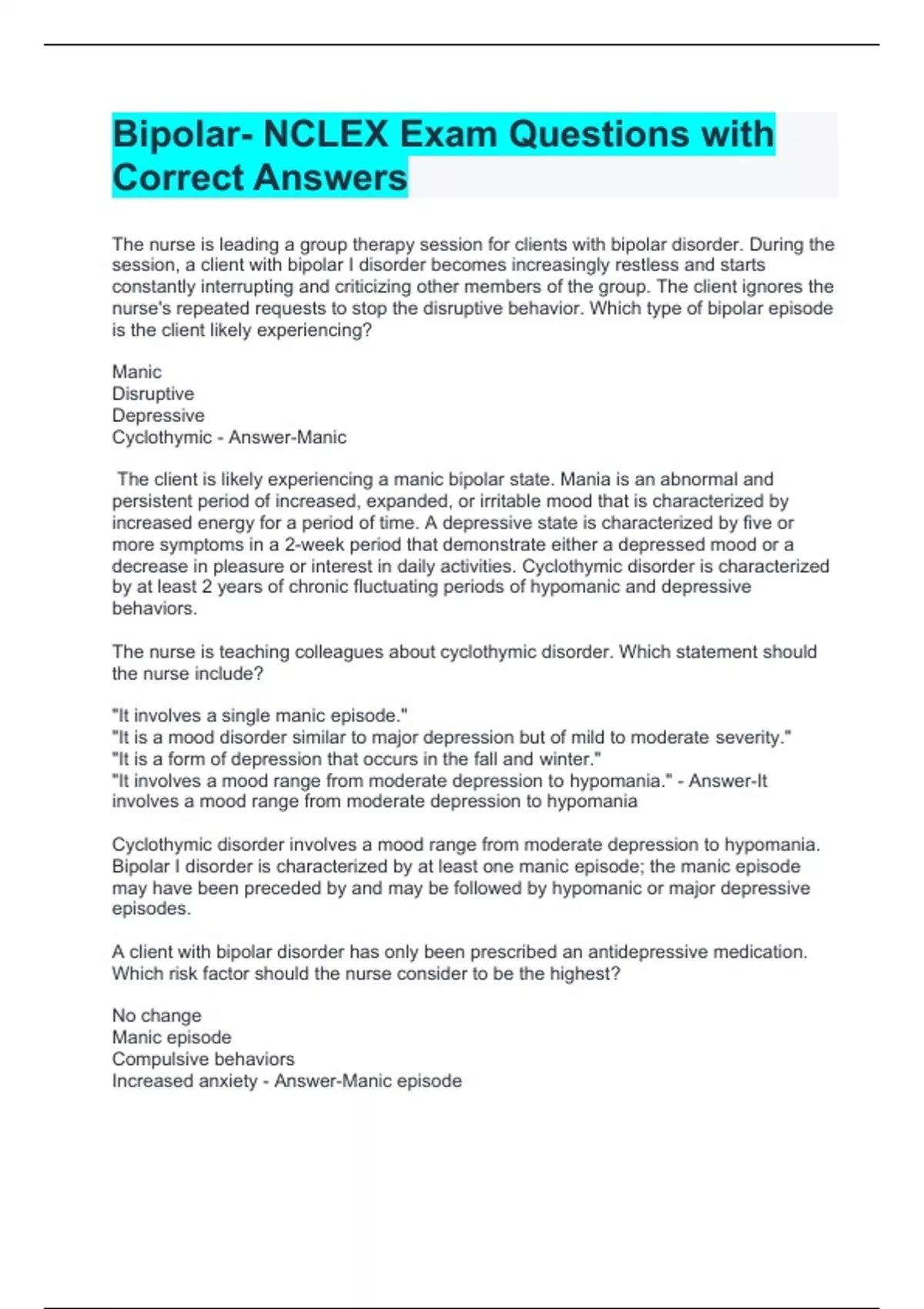 Bipolar- NCLEX Exam Questions with Correct Answers - Bipolar Disorder ...