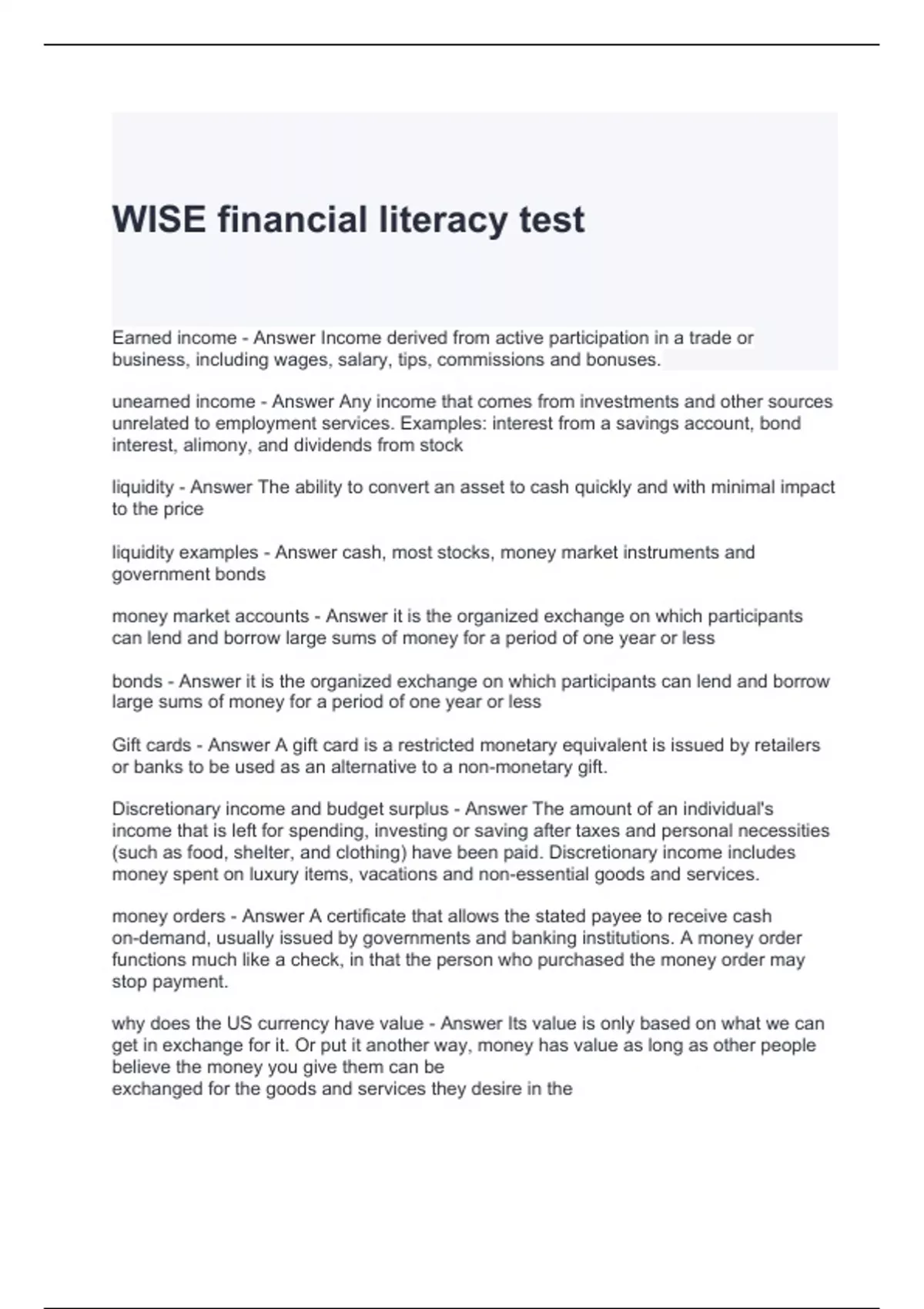 WISE financial literacy test with complete solutions - WISE Financial ...