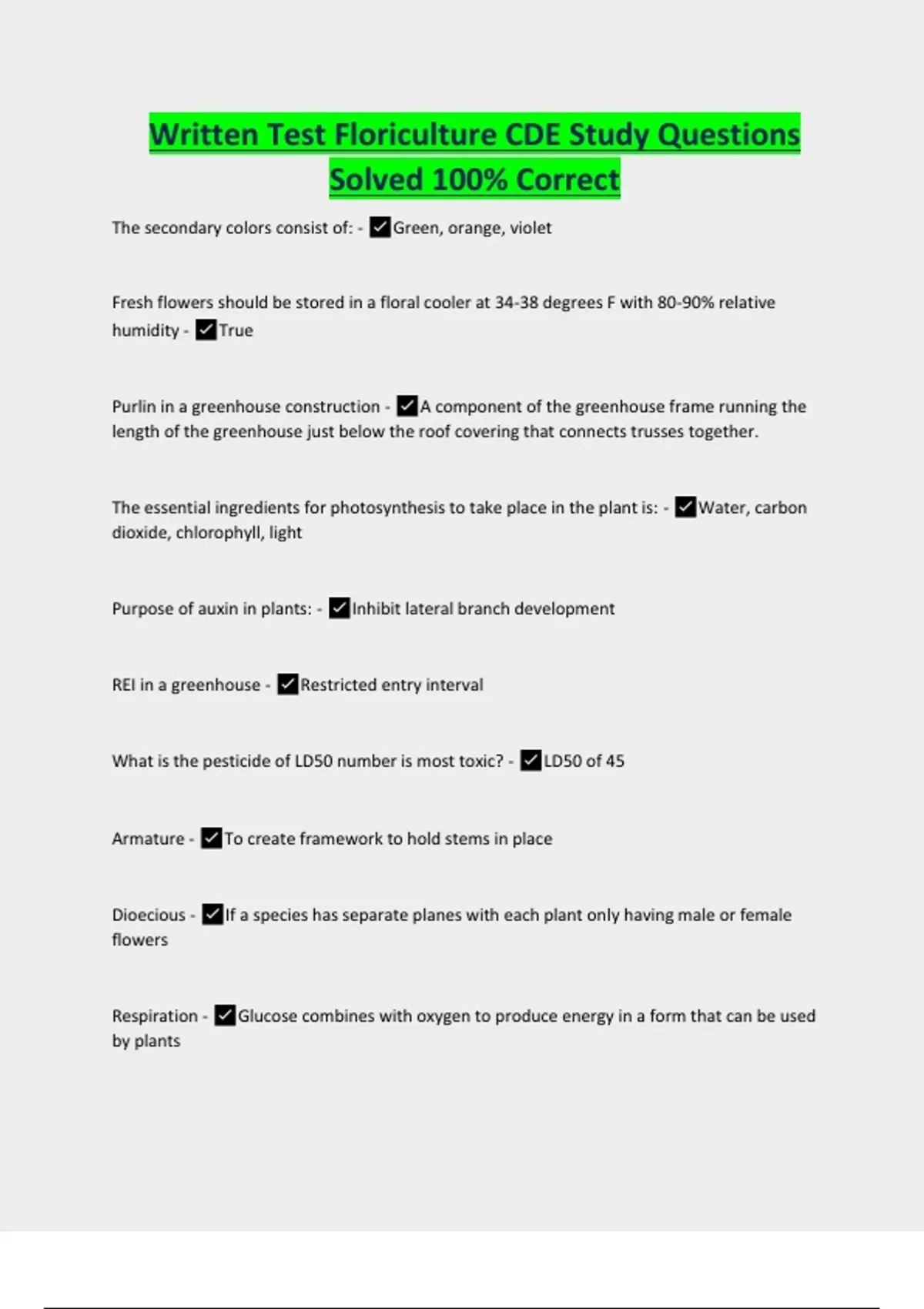 Written Test Floriculture CDE Study Questions Solved 100% Correct ...
